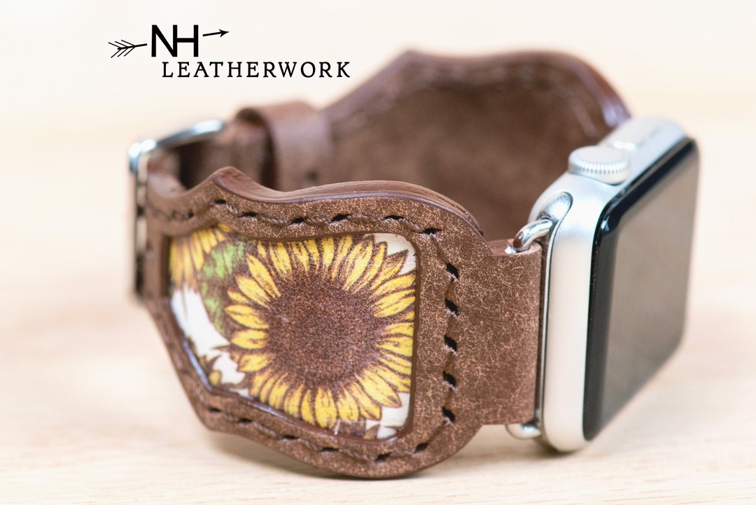 Leather Watch Band Strap, Brown Vachetta With Sunflower Inset for Apple ...