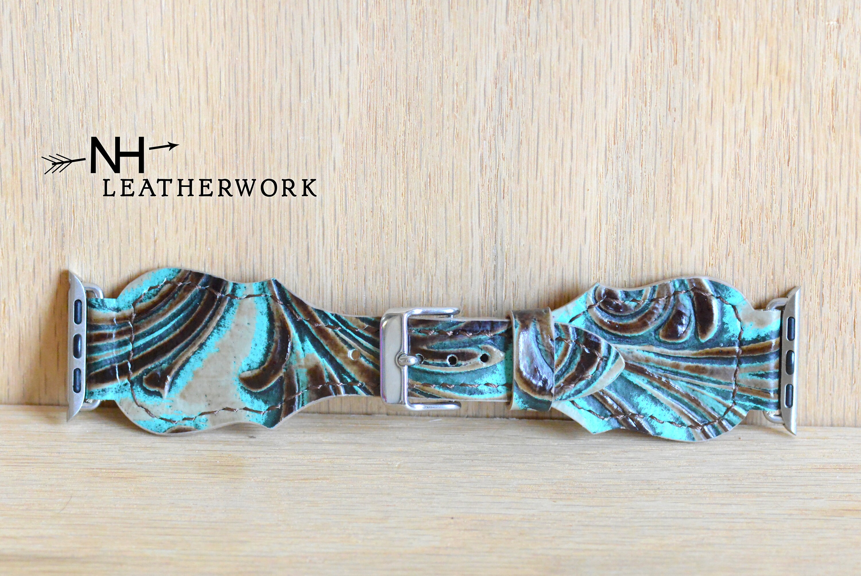 Leather Watch Band Strap, Fancy Turquoise and Tan Floral for Apple 38mm ...