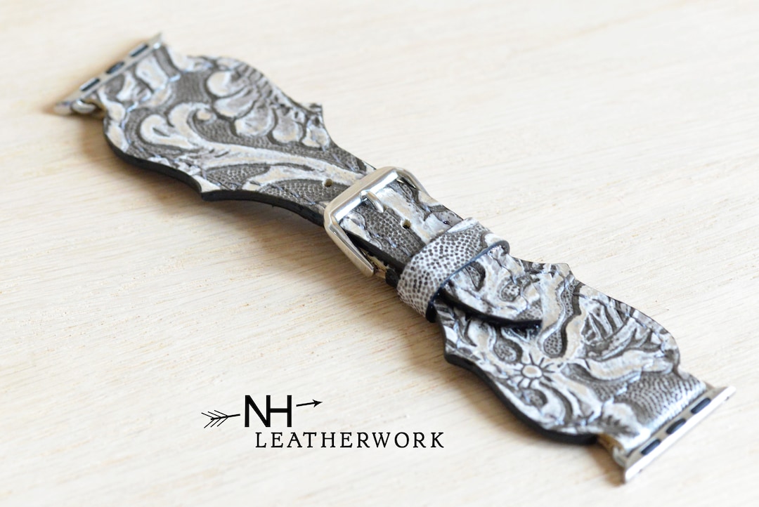Leather Watch Band Strap, Fancy Gray and Silver Floral Embossed Apple ...