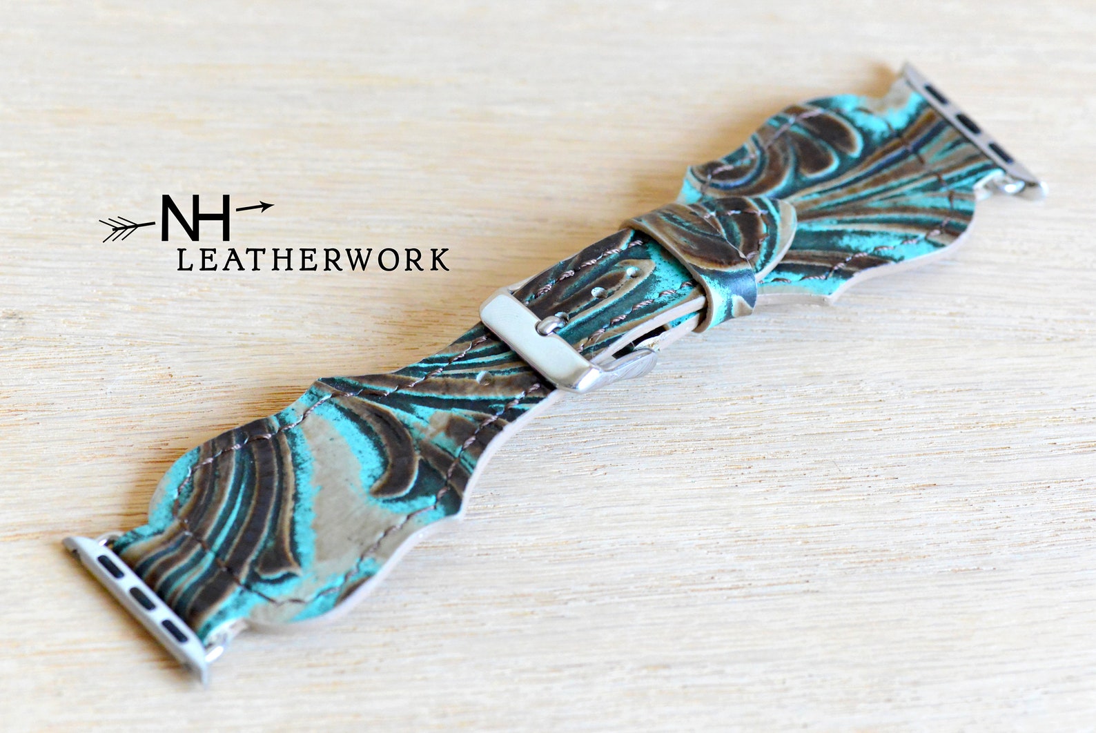 Leather Watch Band Strap Fancy Turquoise and Tan Floral for - Etsy