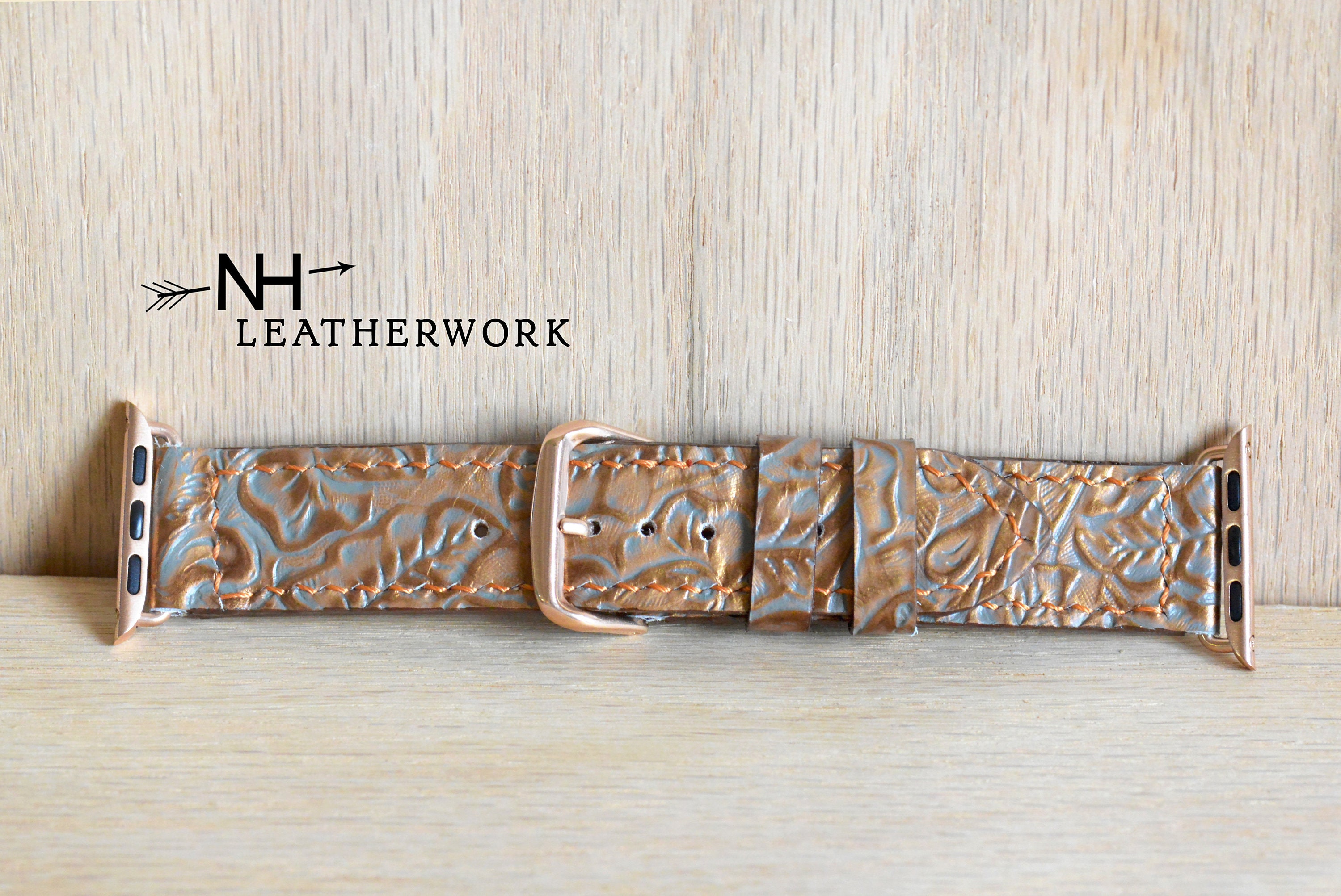Leather Watch Band Strap, Rose Gold and Gray Highlights Floral Embossed ...