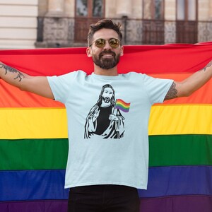 Gay Pride Shirt Jesus Holding LBGTQIA Pride Rainbow Flag Tee Shirt Gay ...