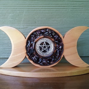 Triple Moon With Pentacle Altar Piece Made From Cedar Wood With Garnet ...