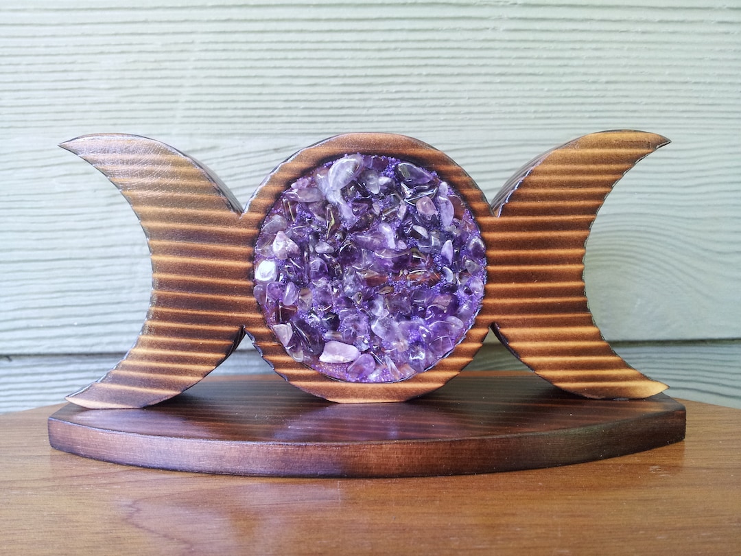 Amethyst Triple Moon Altar Piece Made From Burnt Cedar Wood, Wiccan ...