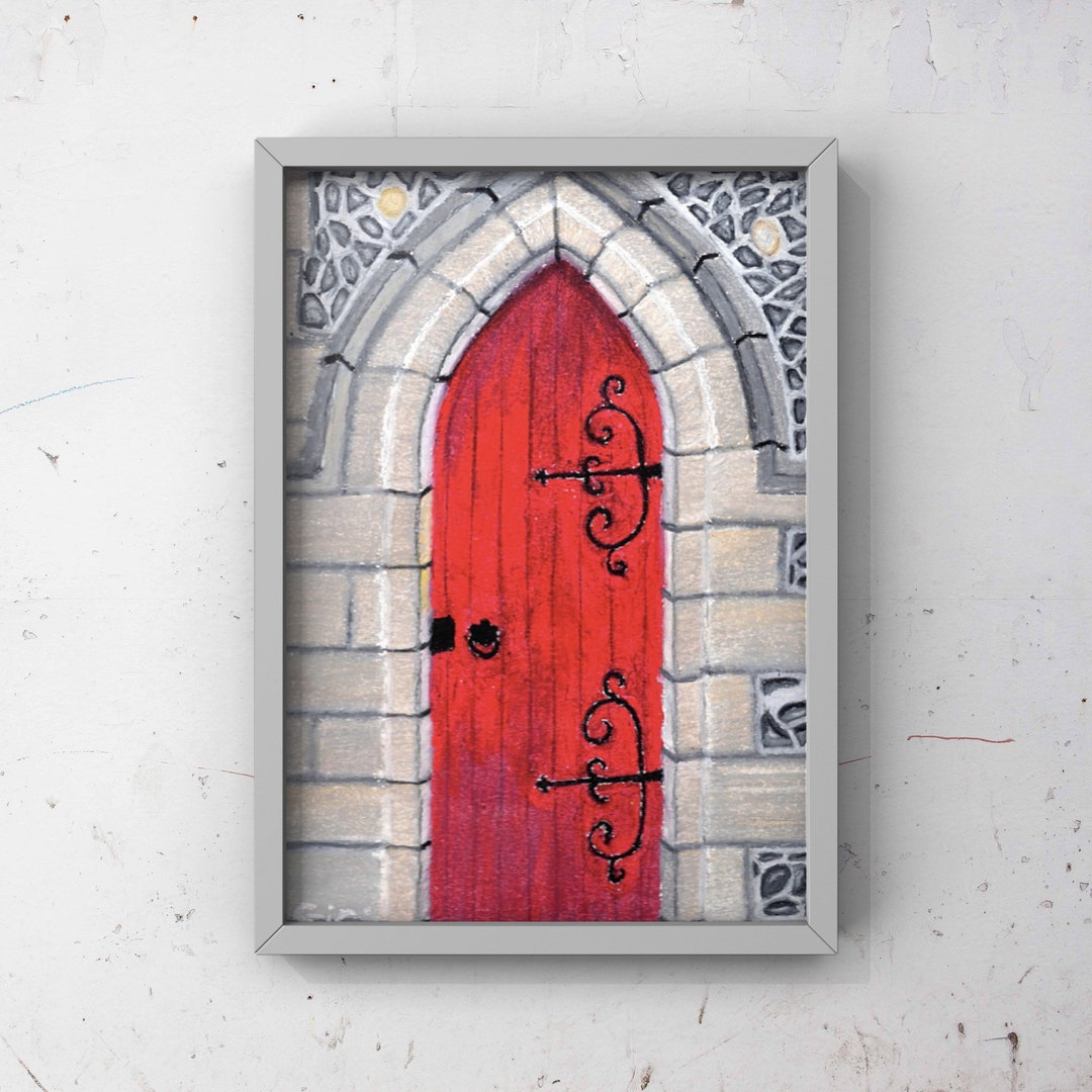 Red Door - Oil Pastel Print - Architecture Drawing Print - Art Print ...