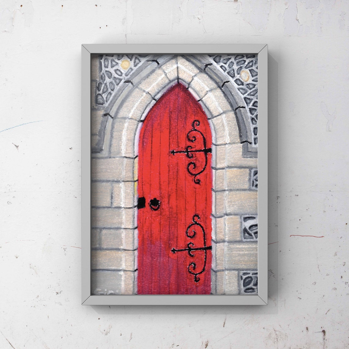 Red Door - Oil Pastel Print - Architecture Drawing Print - Art Print ...