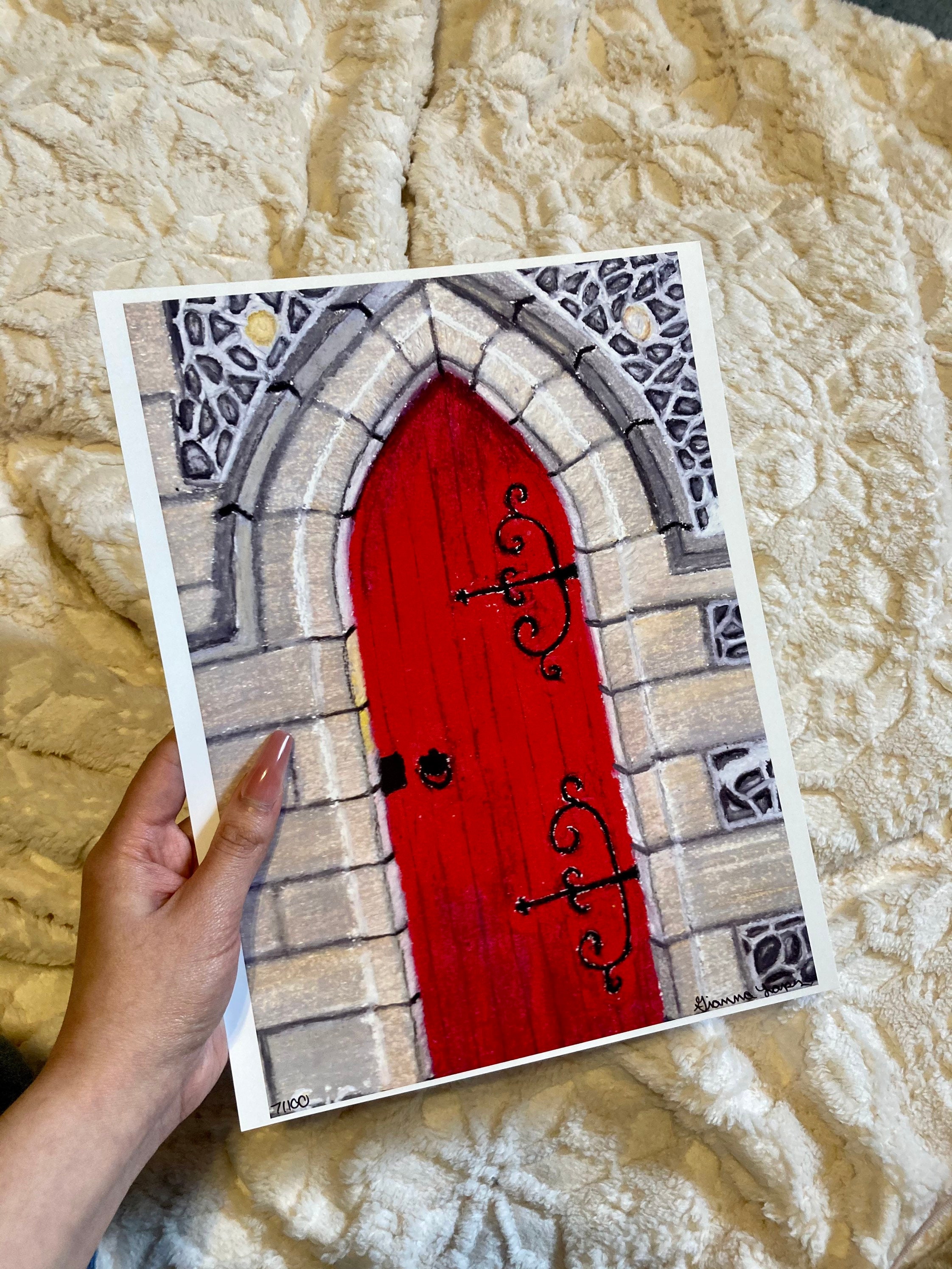 Red Door - Oil Pastel Print - Architecture Drawing Print - Art Print ...