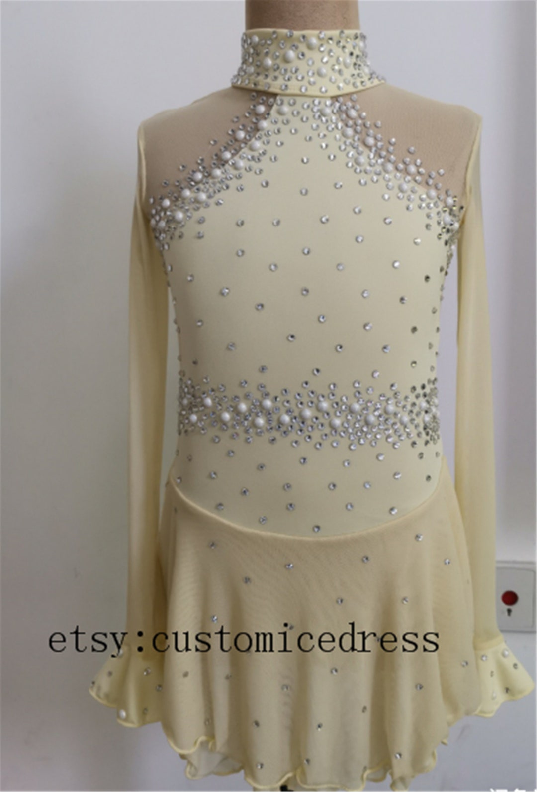 Yellow Skating Dress Custom Girls Beaded Customize Long Sleeves Women ...