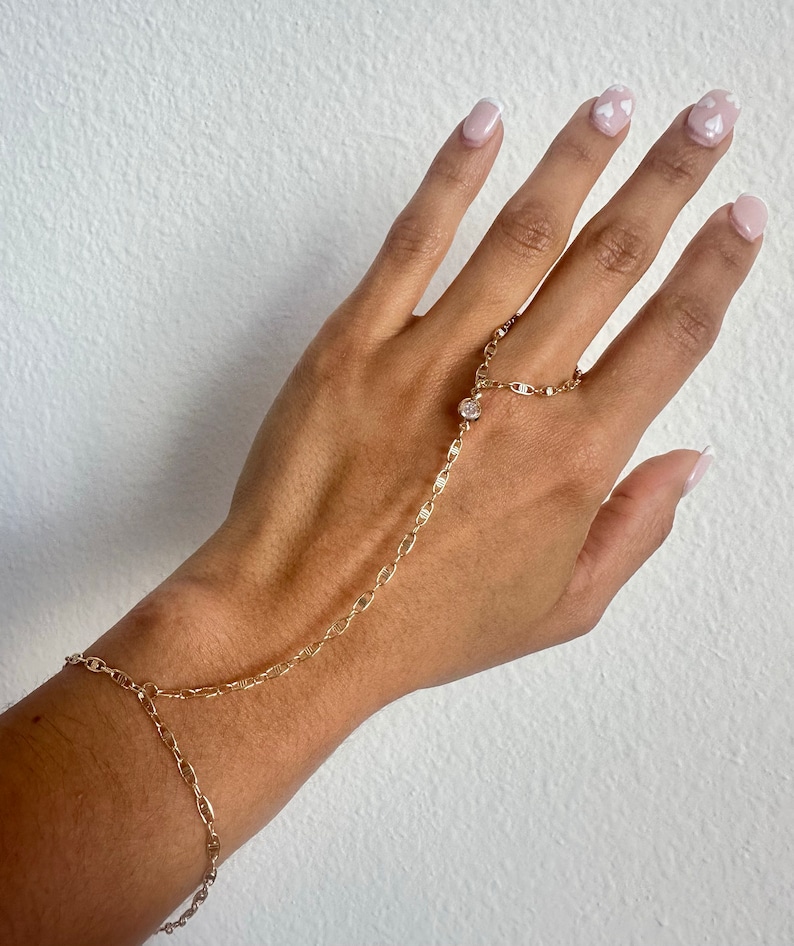 Birthstone Gold Hand Chain Bracelet, CZ Stone, Bridal Dainty Bracelet ...