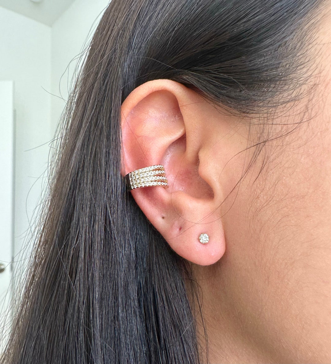 Dainty Pave CZ Hinged Triple Conch Ear Cuff Earrings, Ear Cuff Non ...