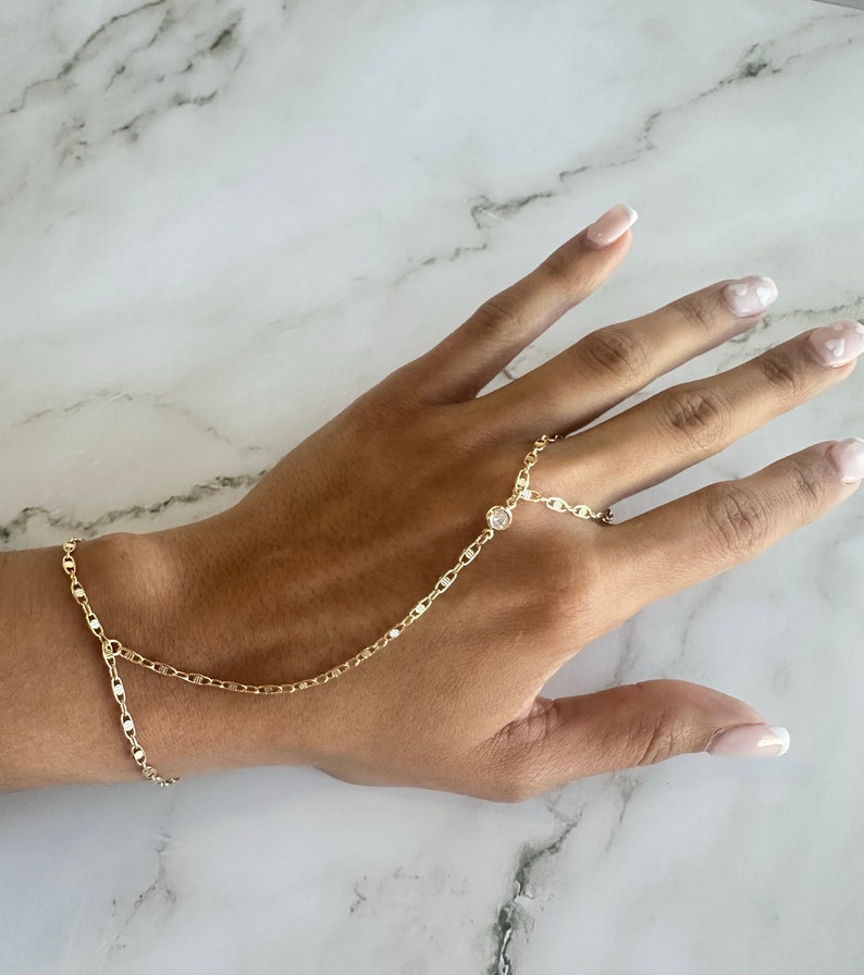 Birthstone Gold Hand Chain Bracelet, CZ Stone, Bridal Dainty Bracelet ...