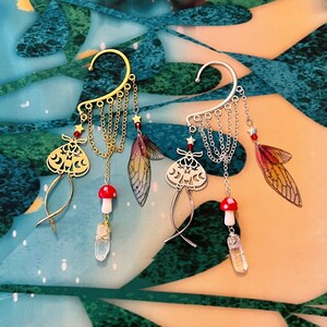 Magic Mushroom & Moth Ear Cuff With Quartz Crystal, No Piercing Earring ...