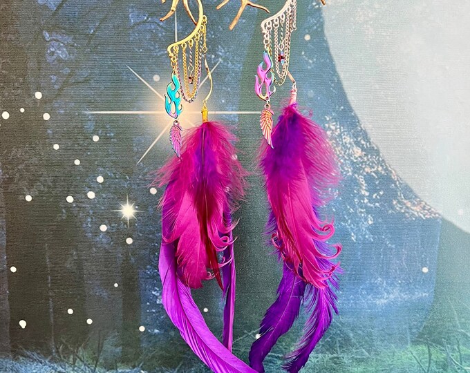 Rainbow Phoenix Flame Feather Ear Cuff, Phoenix Ear Cuff, Fire Bird Ear ...