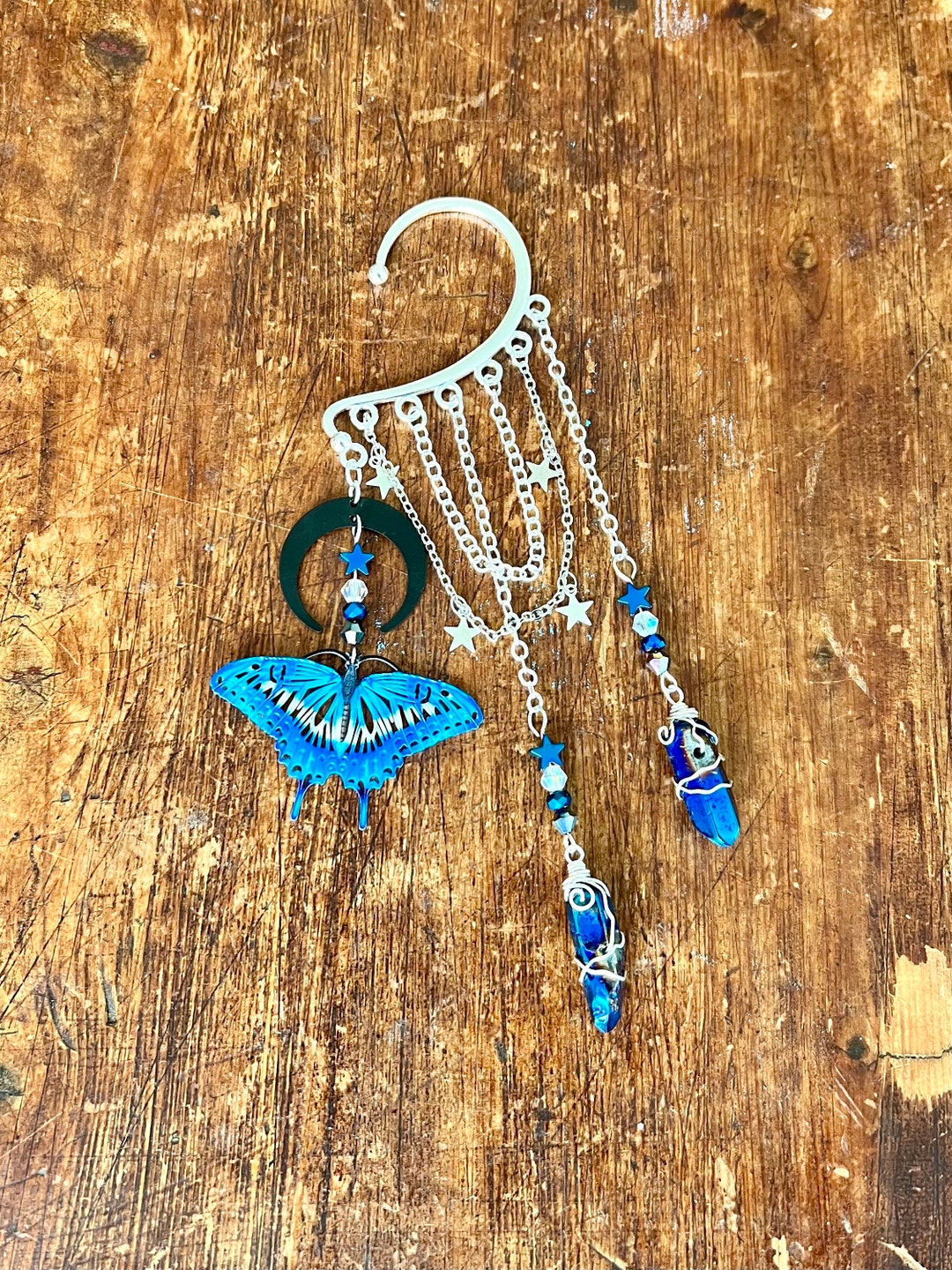 Blue Moon Moth Ear Cuff With Blue Quartz, No Piercing Earrings, Fantasy ...