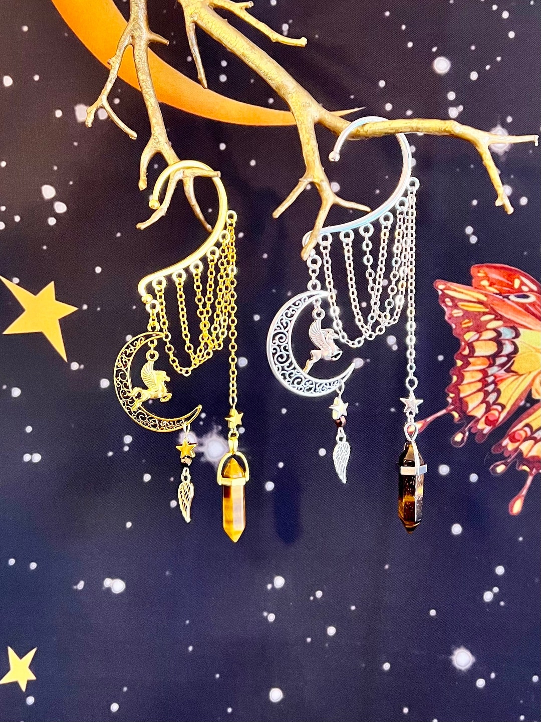 Pegasus Moon Ear Cuff With Tigers Eye Bullet Crystal, No Piercing ...