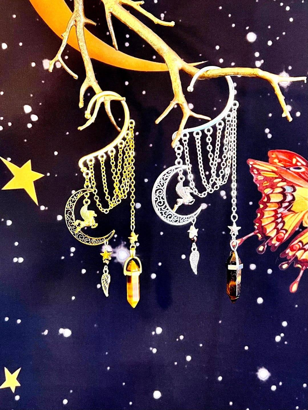 Pegasus Moon Ear Cuff With Tigers Eye Bullet Crystal, No Piercing ...