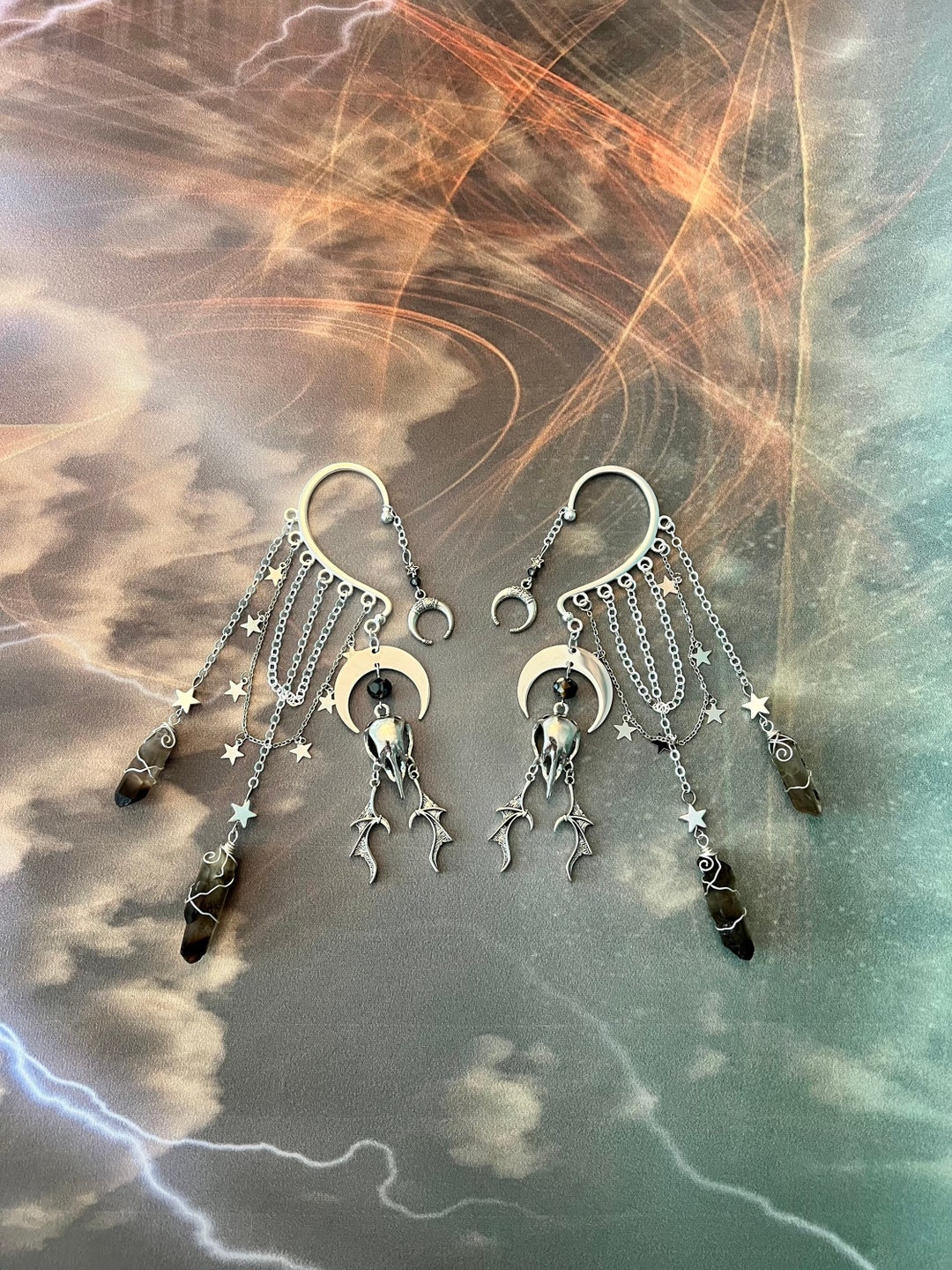 Smoky Quartz Raven Wings Ear Cuff, Whimsigoth Earrings, Bird Skull Ear ...