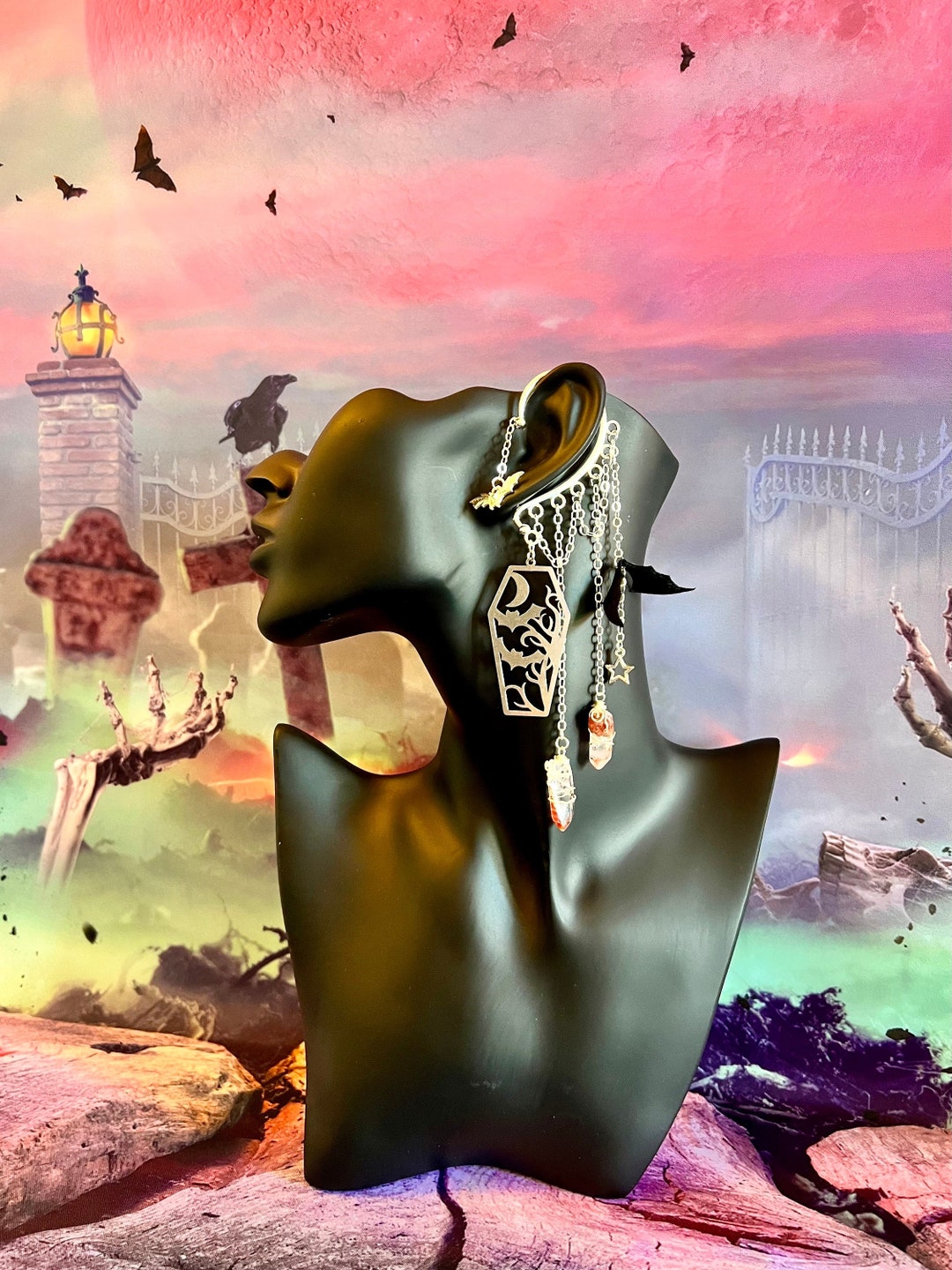 Limited Edition - Graveyard Crystals Ear Cuff Wrap, Bat Wing Headpiece ...