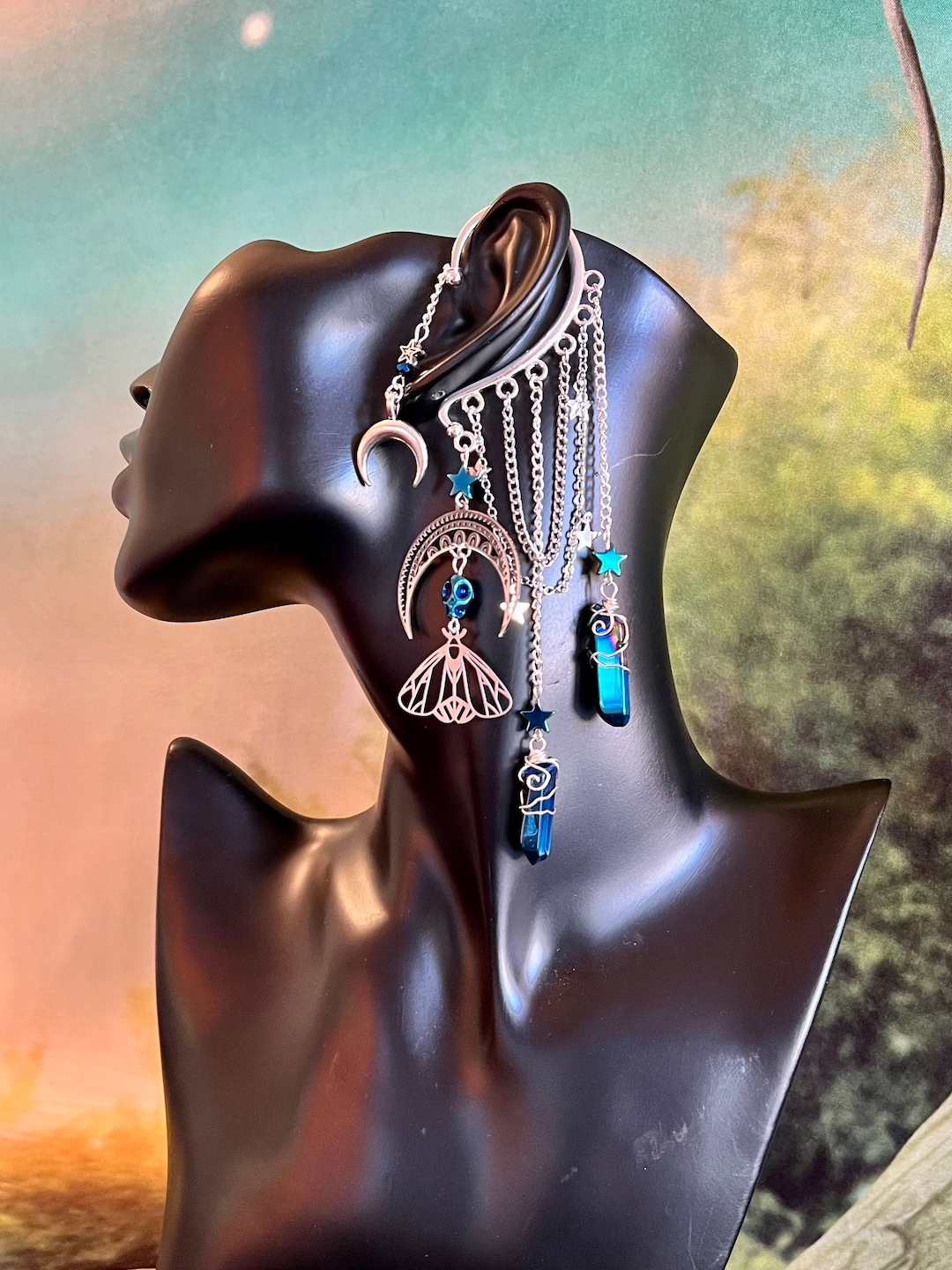 Luna Moth Ear Cuff With Blue Quartz, No Piercing Earrings, Fantasy Ear ...