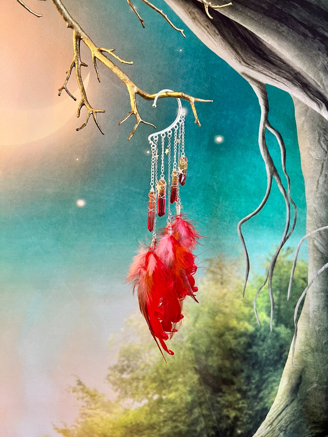 Fire Crystals & Feathers Ear Cuff, Phoenix Bird Statement Headpiece ...