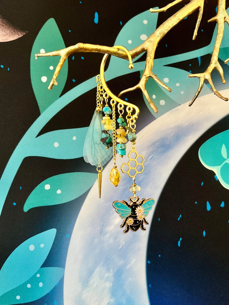 Turquoise Honey Bee Ear Cuff: Fairycore Wing Ear Wrap, No Piercing ...