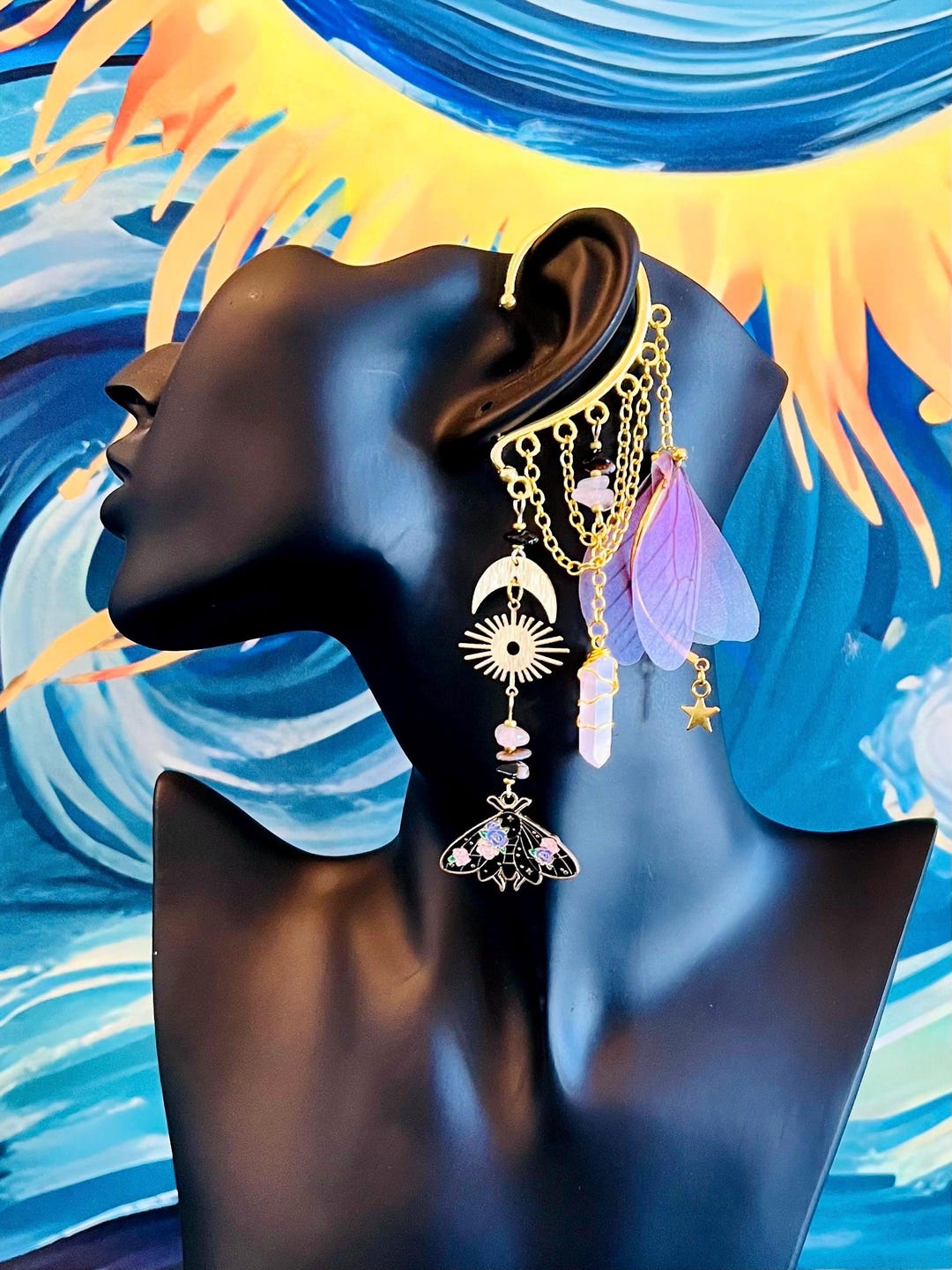 Black Rose Luna Moth Ear Cuff Wrap With Gemstones, No Piercing Earring ...