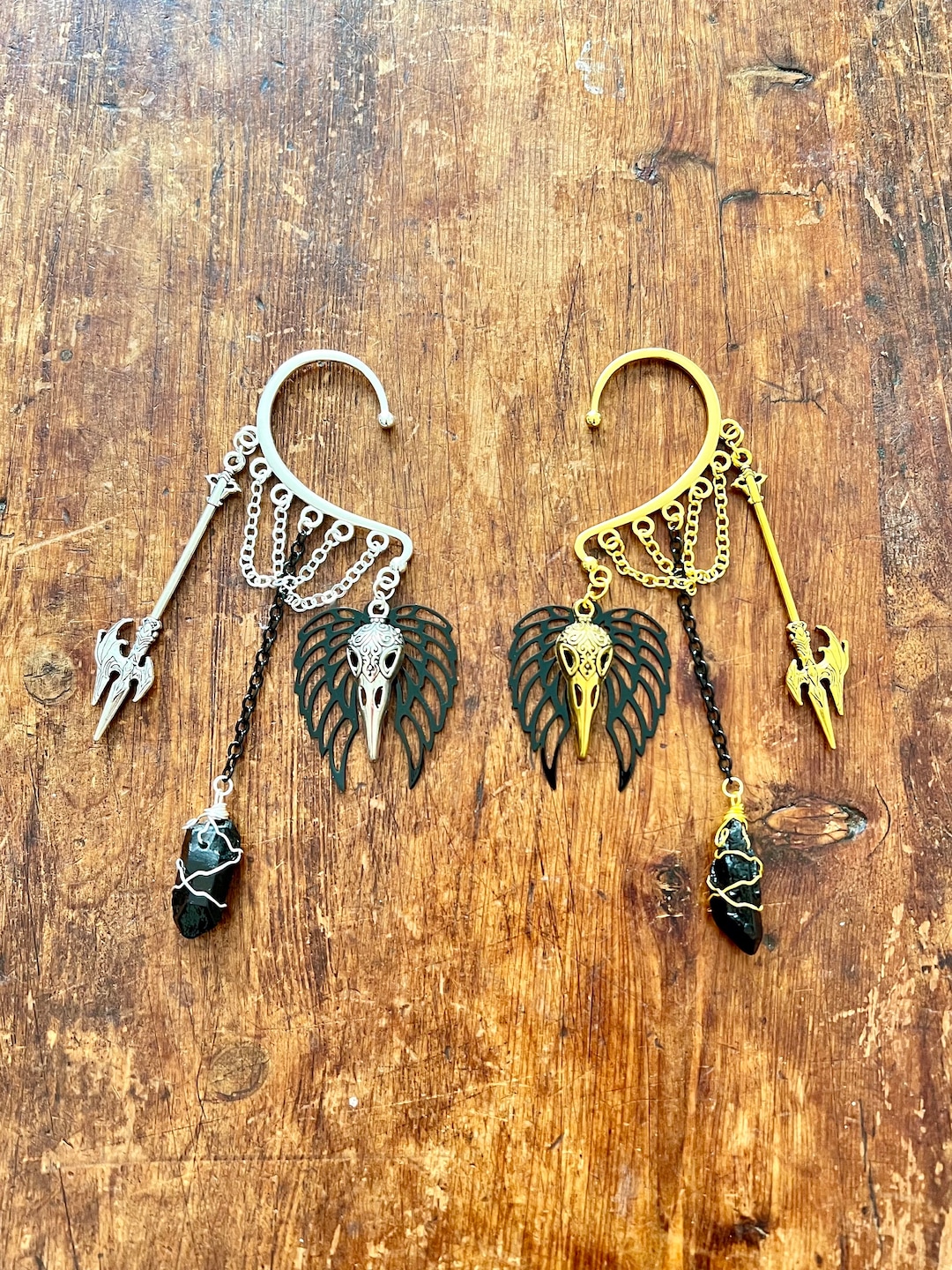 Raven Protector Ear Cuff With Black Quartz Crystal, Bird Skull Ear Cuff ...