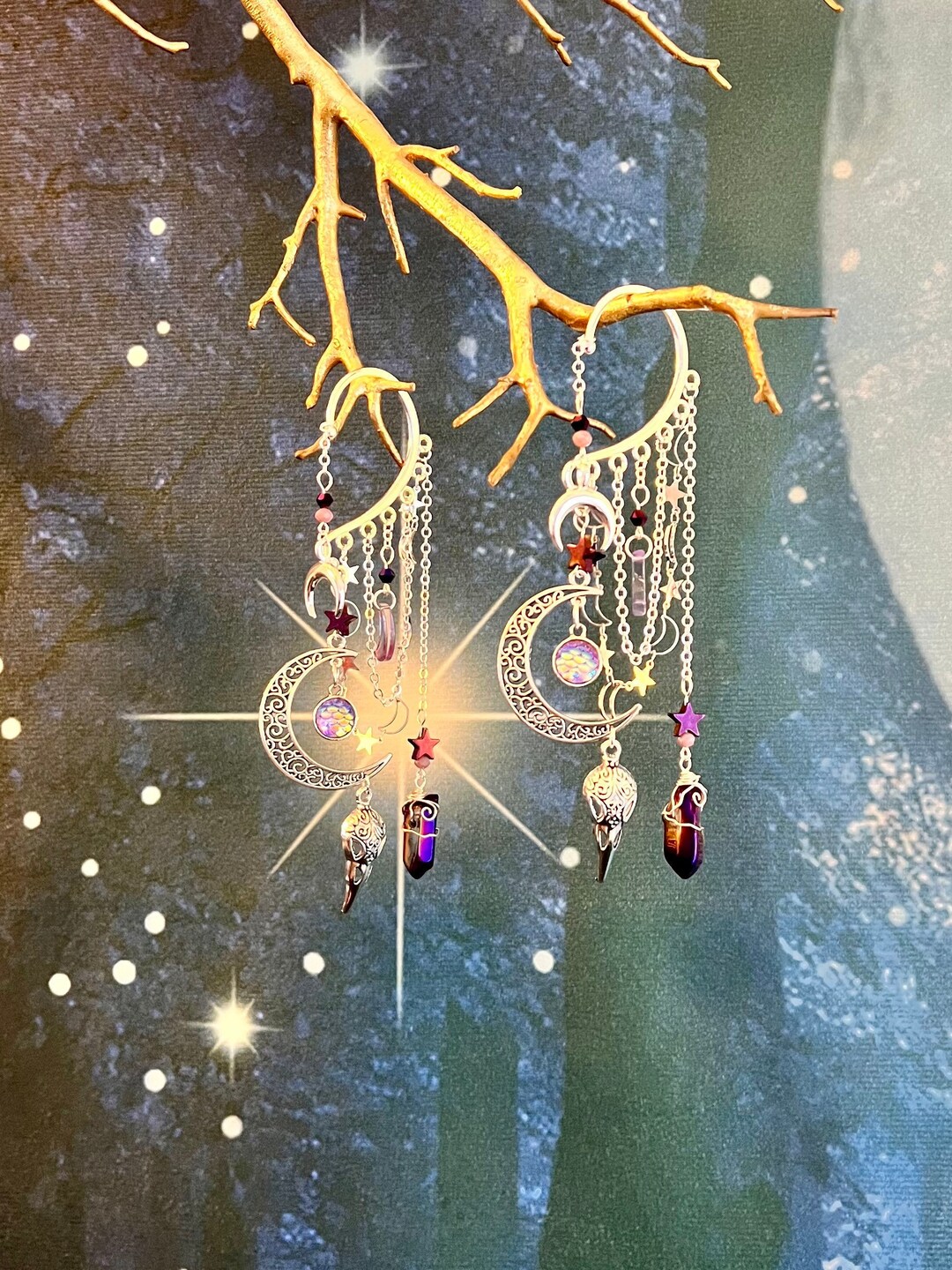 Luna Raven Ear Cuff With Purple Quartz Crystal, Bird Skull Ear Cuff ...