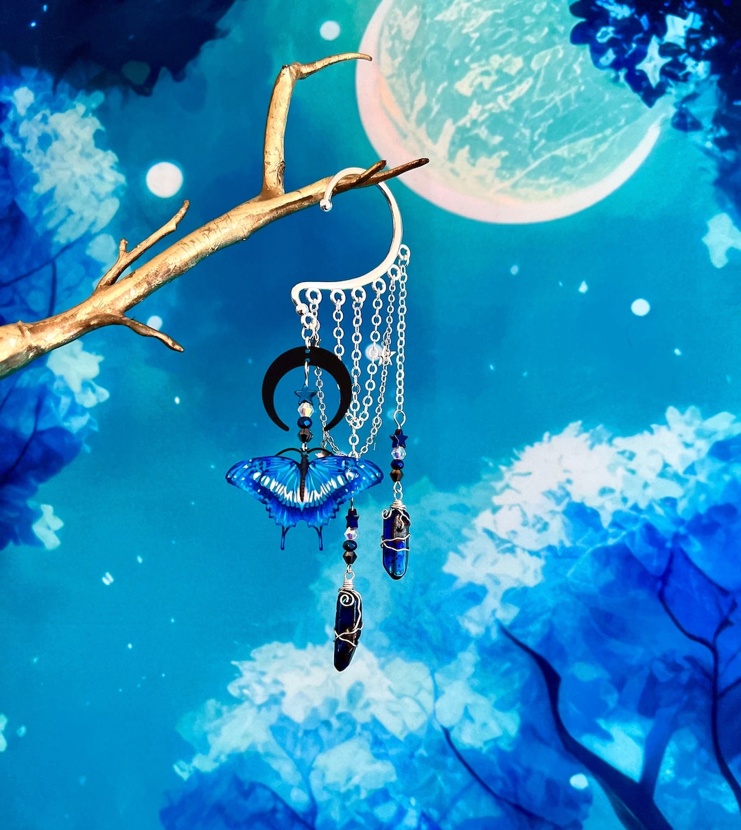 Blue Moon Moth Ear Cuff With Blue Quartz, No Piercing Earrings, Fantasy ...