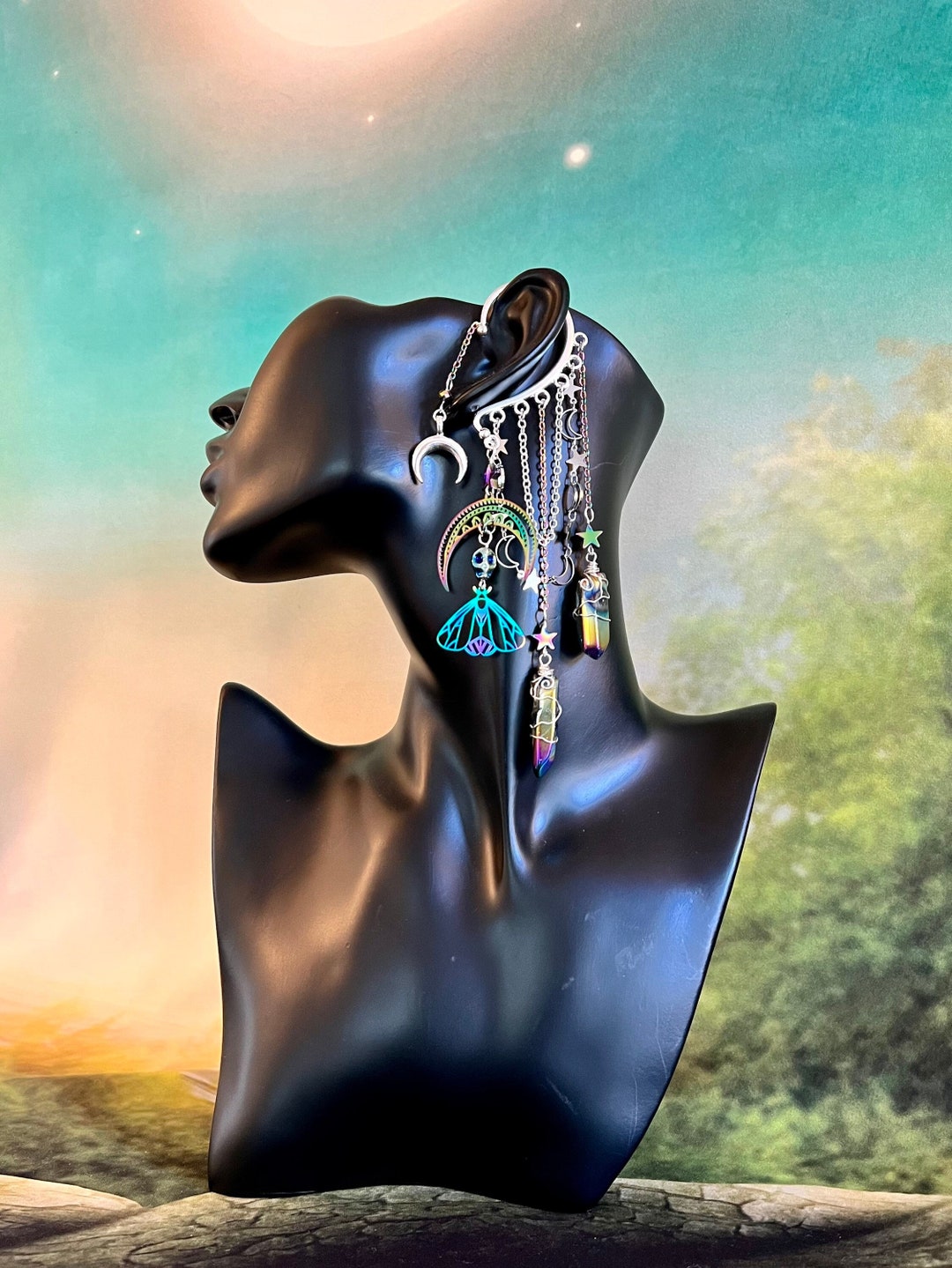 Rainbow Luna Moth Ear Cuff: Quartz Crystal Dangle, No Piercing ...