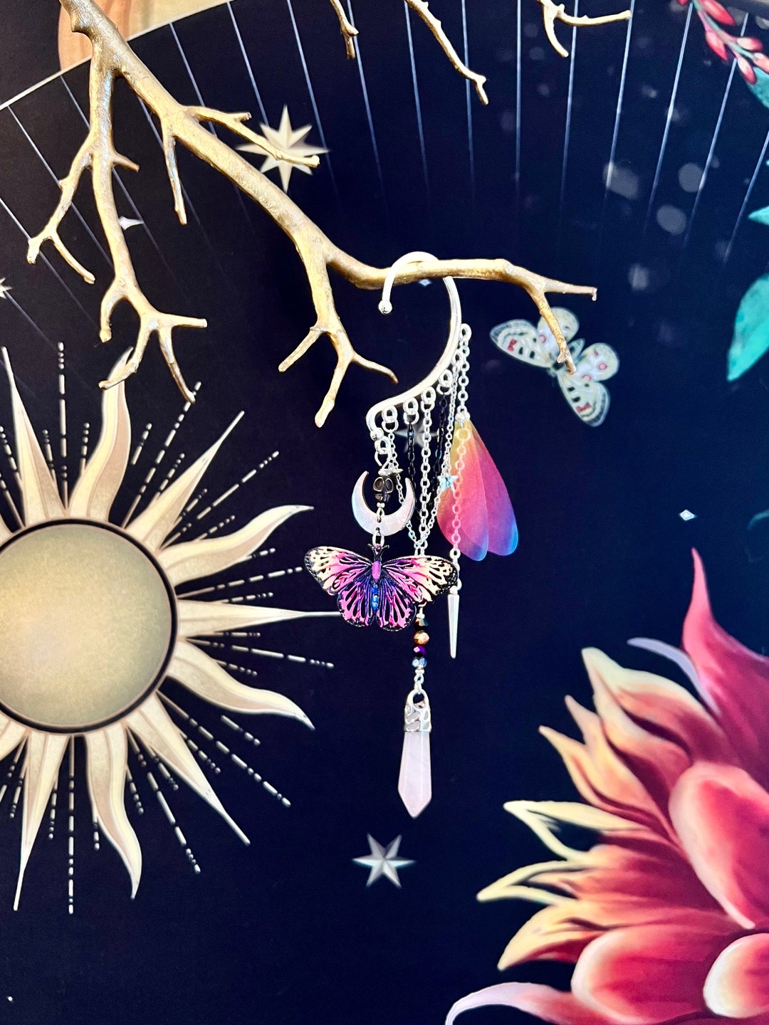 Sunset Goth Wings Ear Cuff With Rose Quartz, No Piercing Earring ...