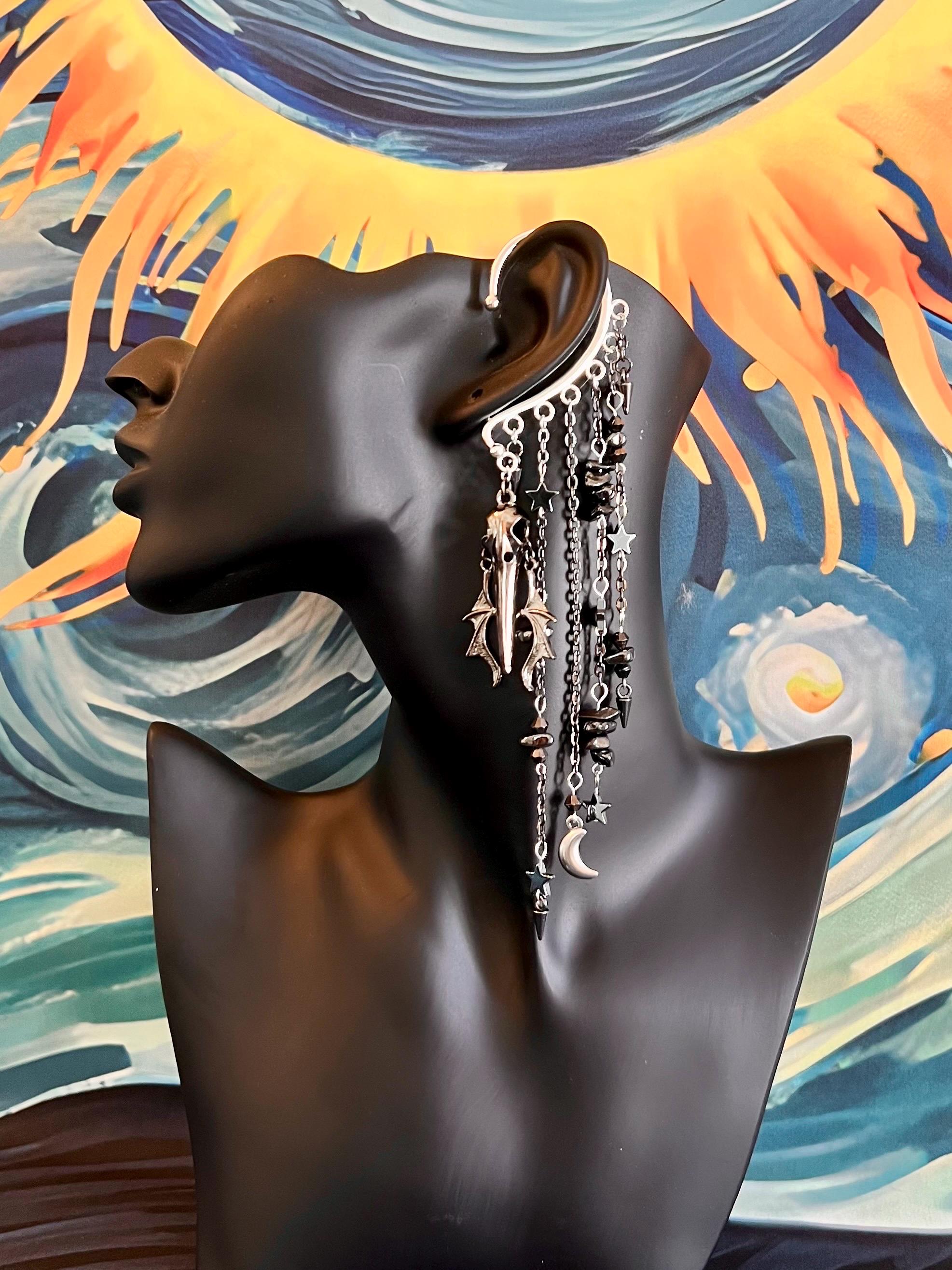 Gunmetal Raven Skull Ear Cuff: Gothic Whimsigoth Ear Wrap, Gemstone No ...