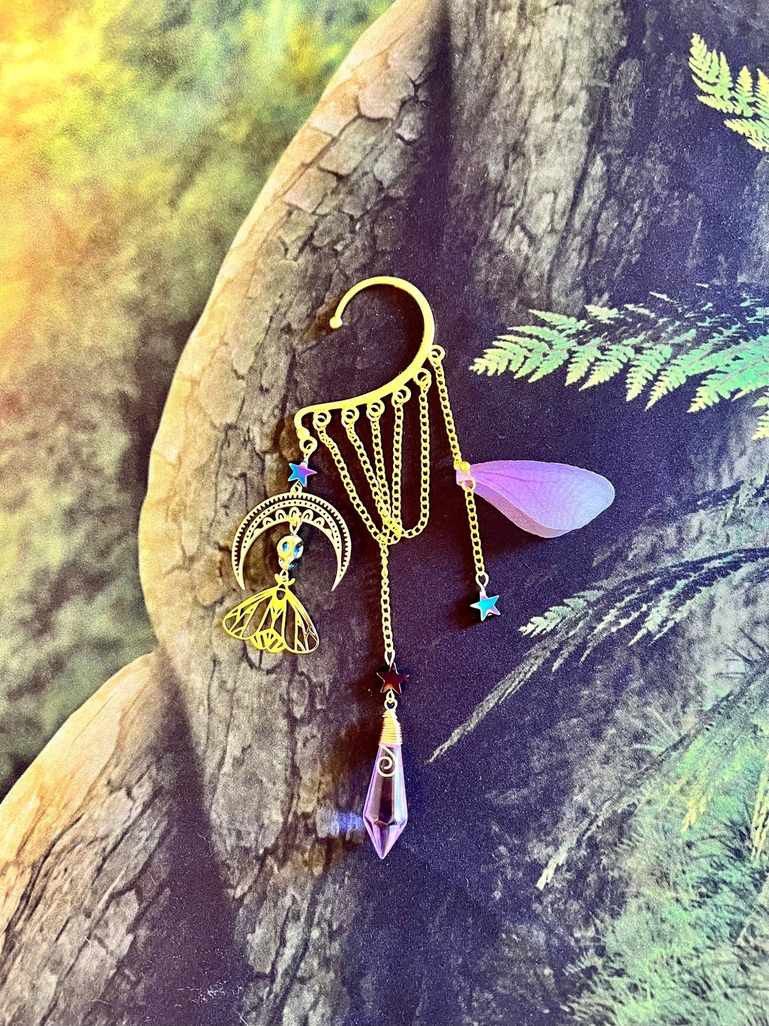 Moon Moth Ear Cuff With Purple Crystals, No Piercing Earrings, Fantasy ...