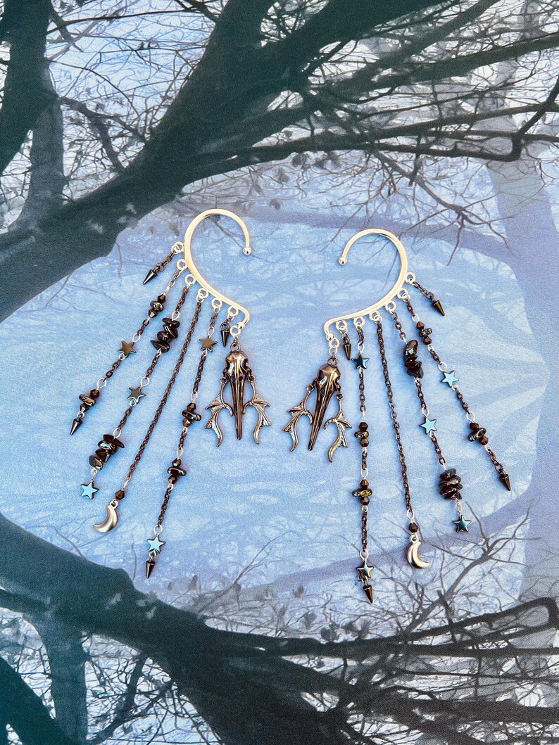 Gunmetal Raven Skull Ear Cuff: Gothic Whimsigoth Ear Wrap, Gemstone No ...