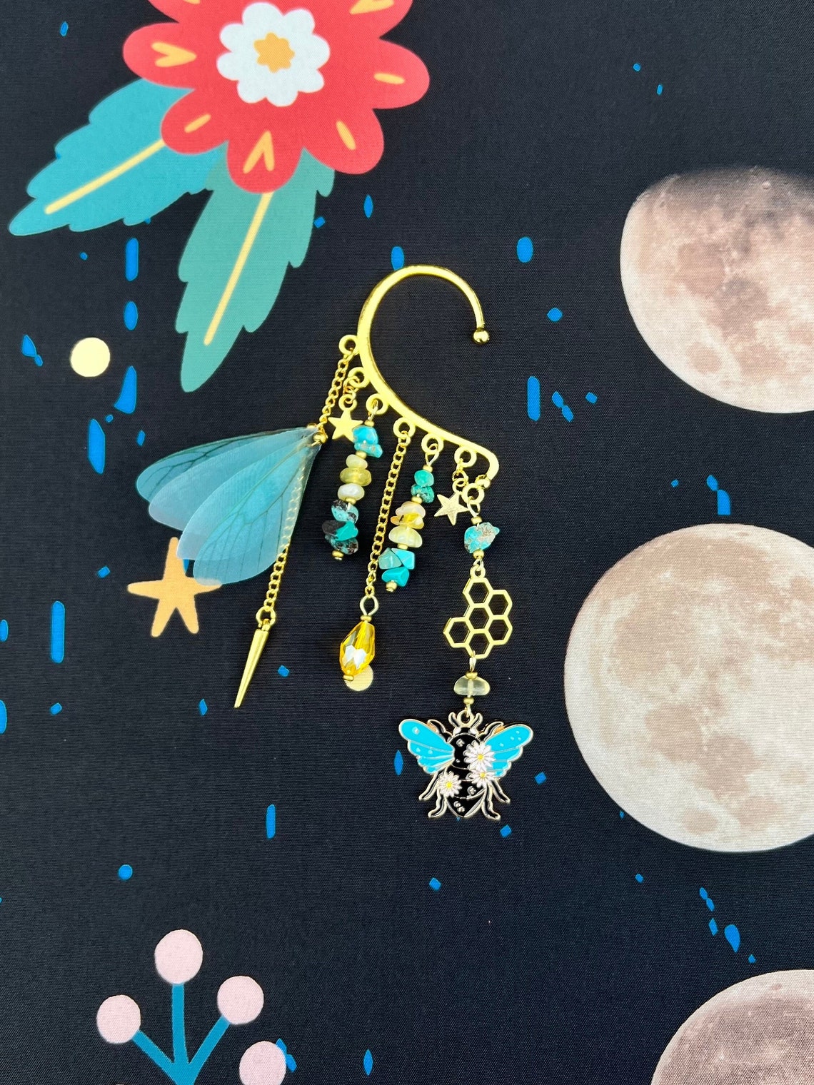 Turquoise Honey Bee Ear Cuff: Fairycore Wing Ear Wrap, No Piercing ...