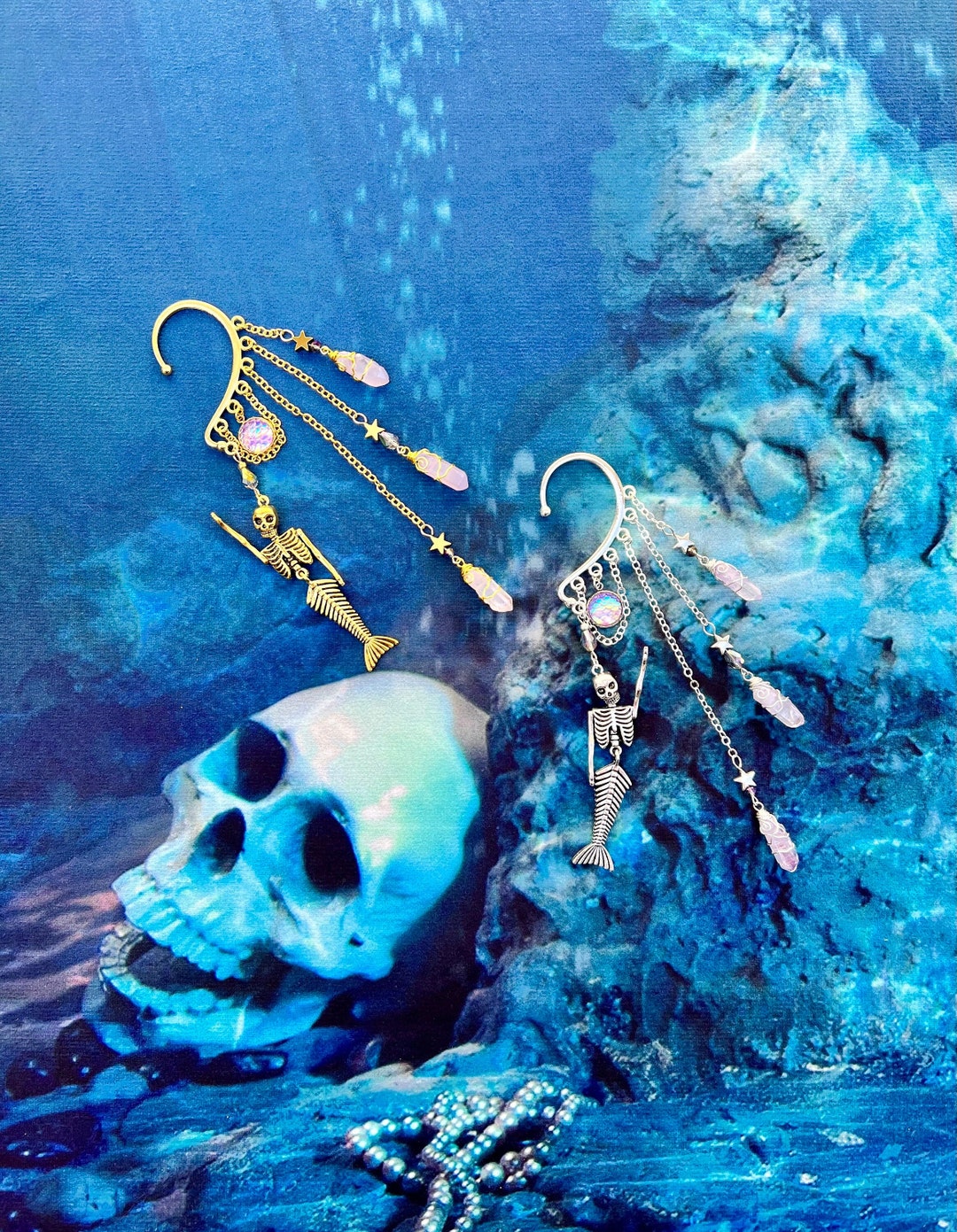 Siren Skeleton Mermaid Ear Cuff With Quartz Crystal, Mermaid Skeleton ...