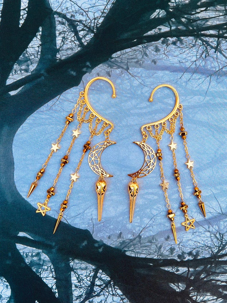 Gilded Gothic Moon Ear Cuff: Raven Skull, Celestial Earrings, No ...