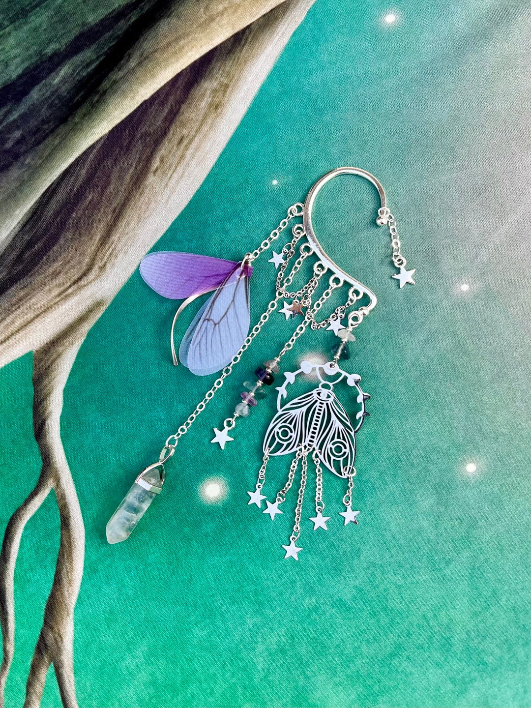 Fluorite Luna Moth Ear Cuff, No Piercing Earring, Fantasy Ear Cuff ...