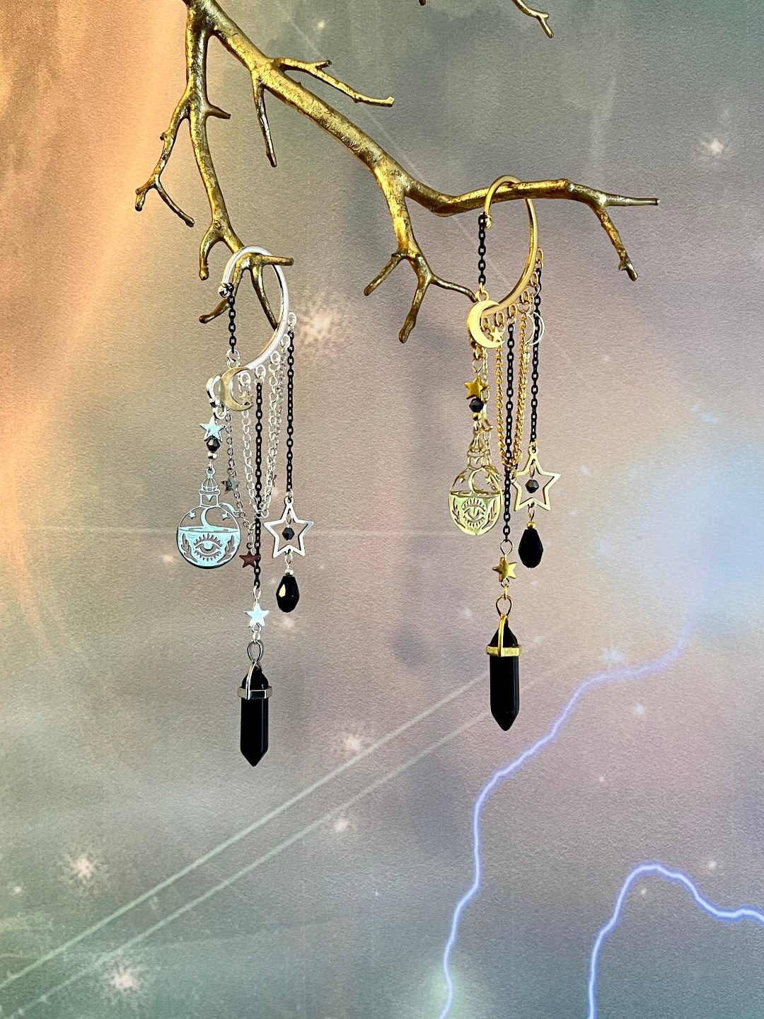 Magic Potion Ear Cuff With Obsidian Crystal, No Piercing Earring, Evil Eye Ear Cuff, Witchy Ear ...