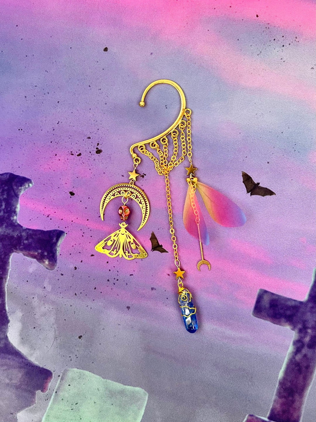 Sunset Luna Moth Ear Cuff With Rose Quartz, No Piercing Earring ...