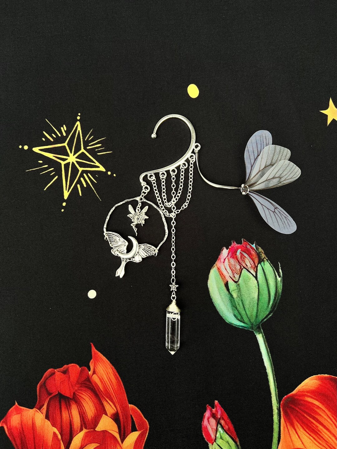 Luna Moth Fairy Ear Cuff With Quartz Crystal, No Piercing Earrings ...