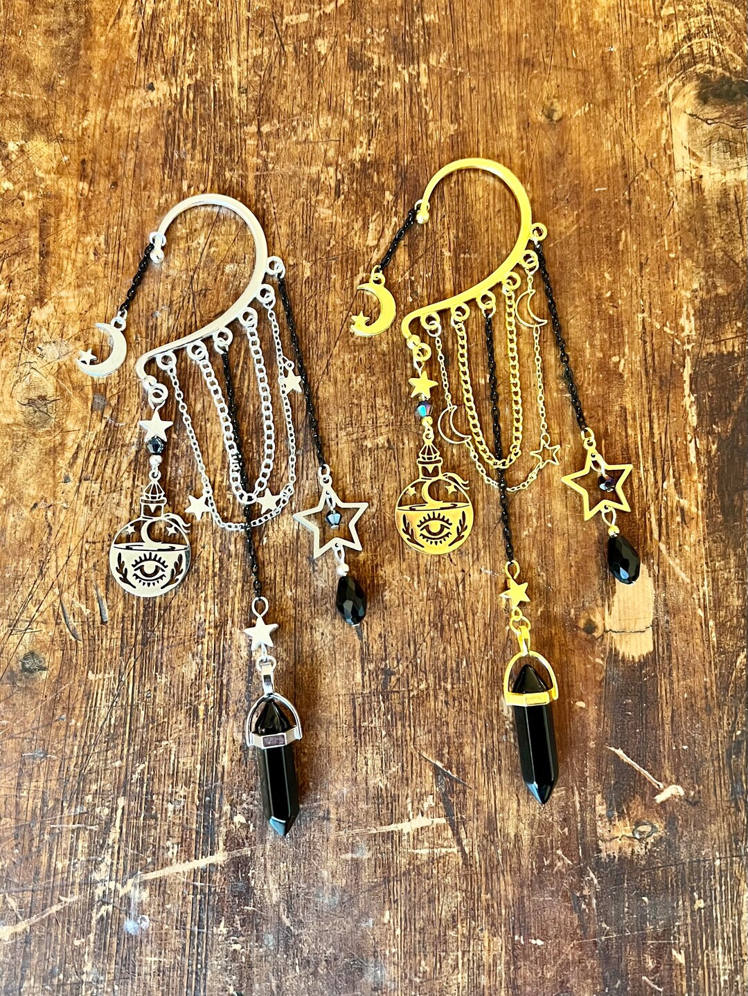 Magic Potion Ear Cuff With Obsidian Crystal, No Piercing Earring, Evil Eye Ear Cuff, Witchy Ear ...