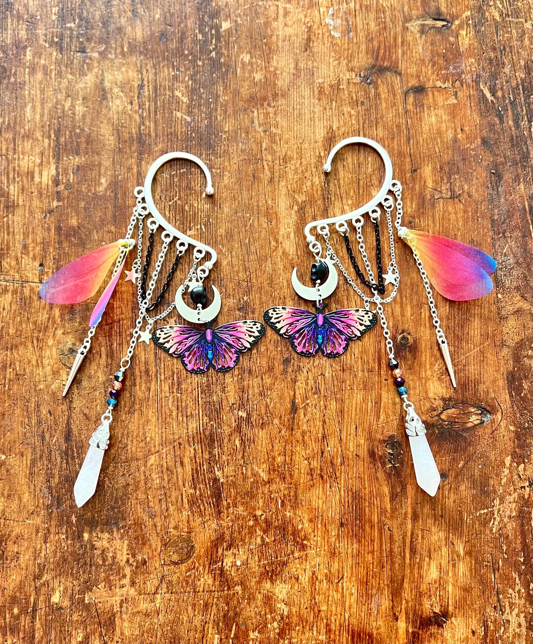 Sunset Goth Wings Ear Cuff With Rose Quartz, No Piercing Earring ...