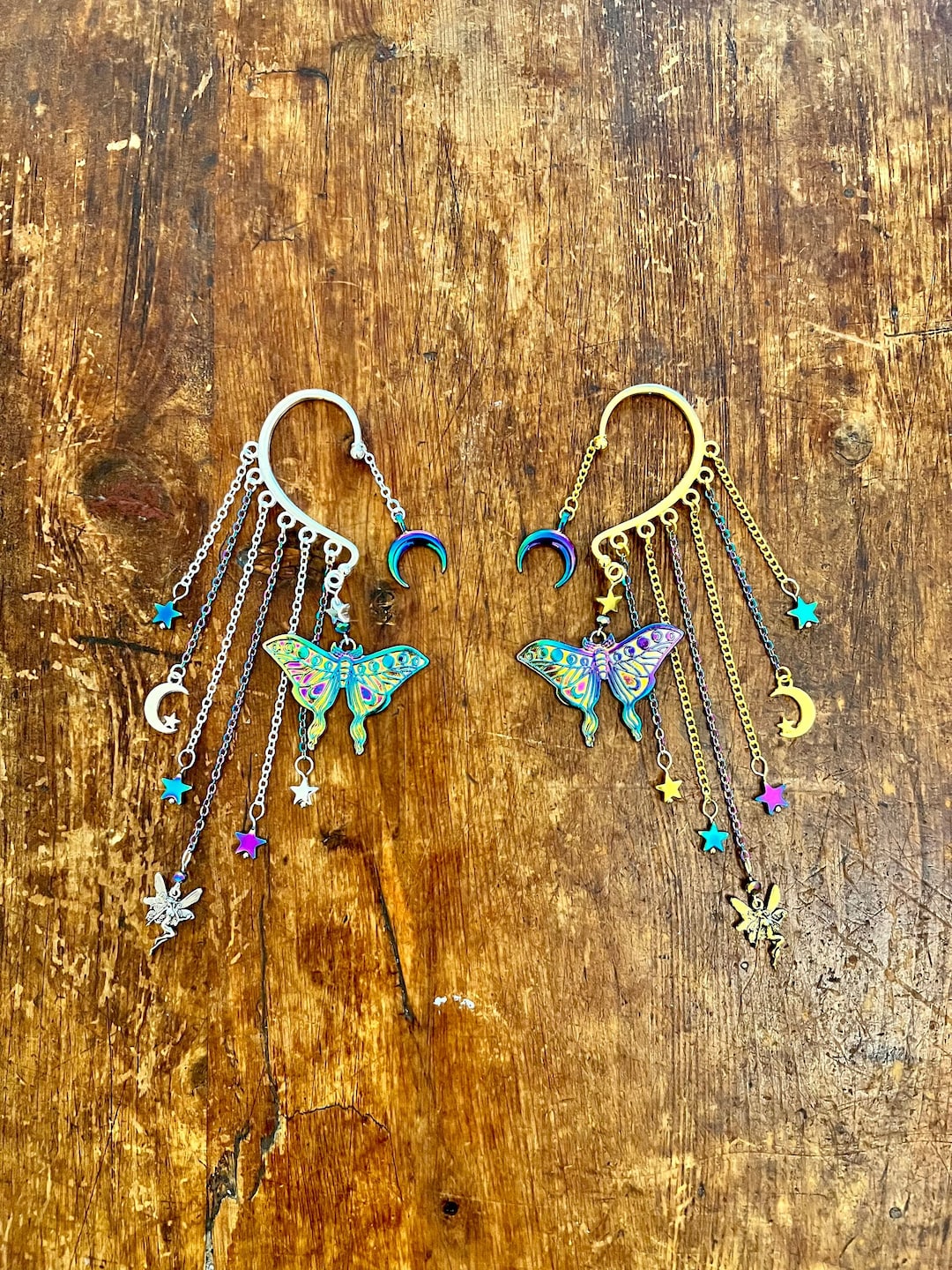 Rainbow Moon Moth Ear Cuff: Fairy Non Pierced Ear Wrap, Fairycore ...