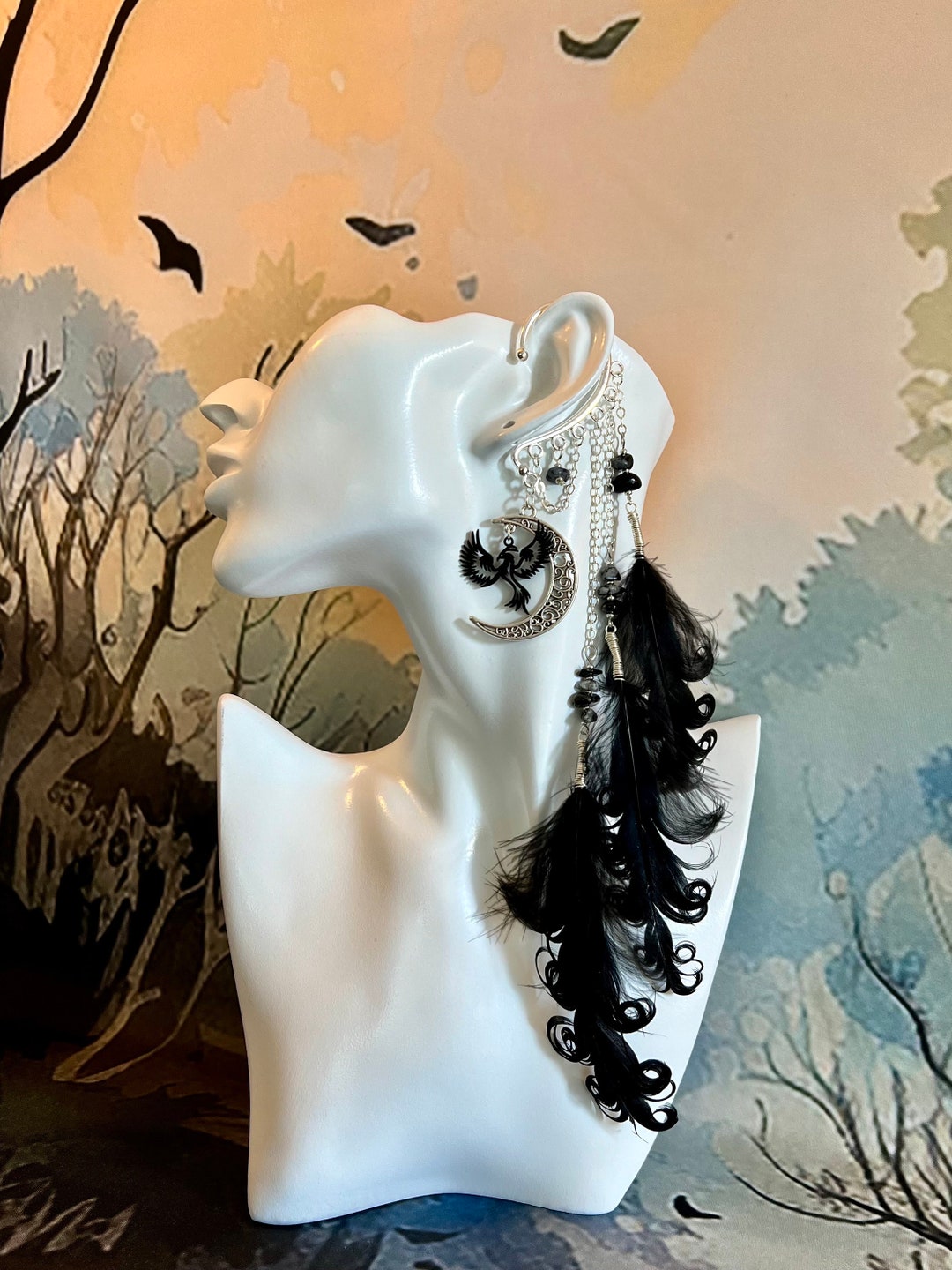 Moon Shadow Phoenix Ear Cuff With Obsidian Crystal, Phoenix Ear Cuff ...