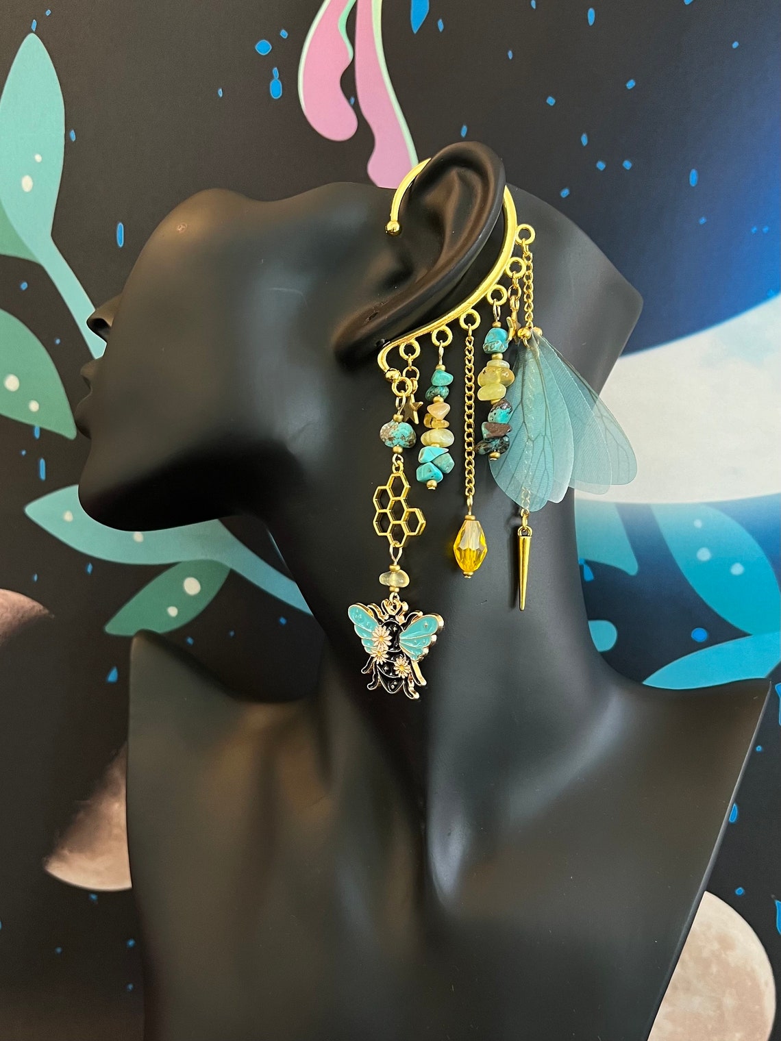 Turquoise Honey Bee Ear Cuff: Fairycore Wing Ear Wrap, No Piercing ...