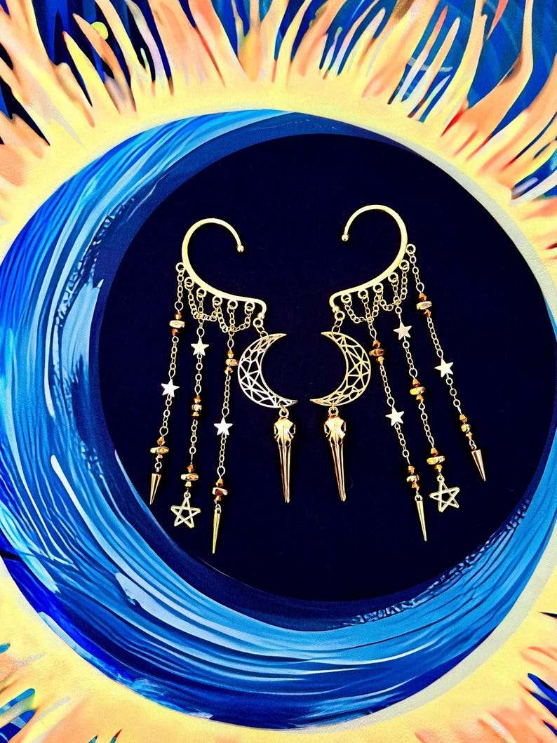 Gilded Gothic Moon Ear Cuff: Raven Skull, Celestial Earrings, No ...