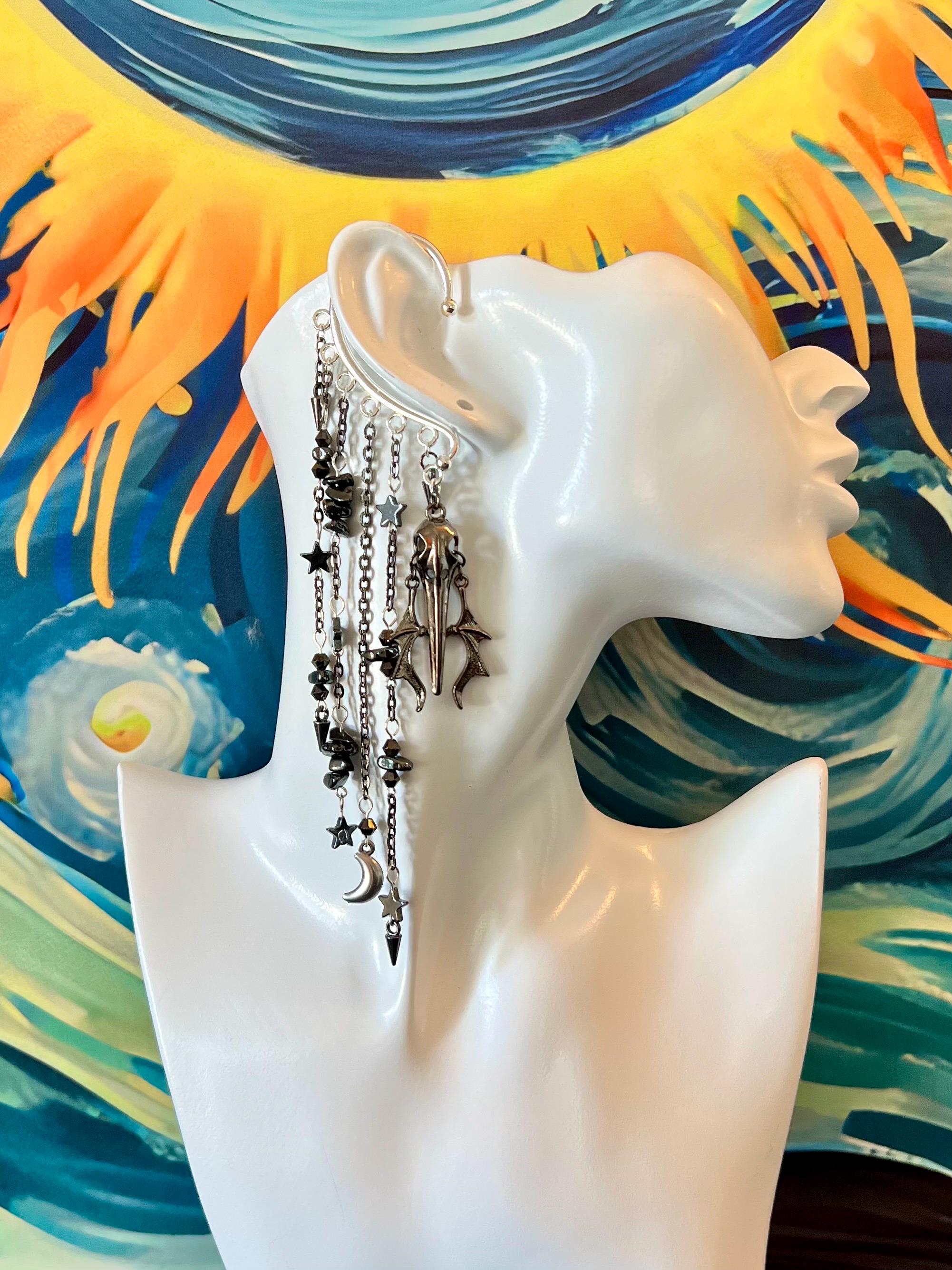 Gunmetal Raven Skull Ear Cuff: Gothic Whimsigoth Ear Wrap, Gemstone No ...