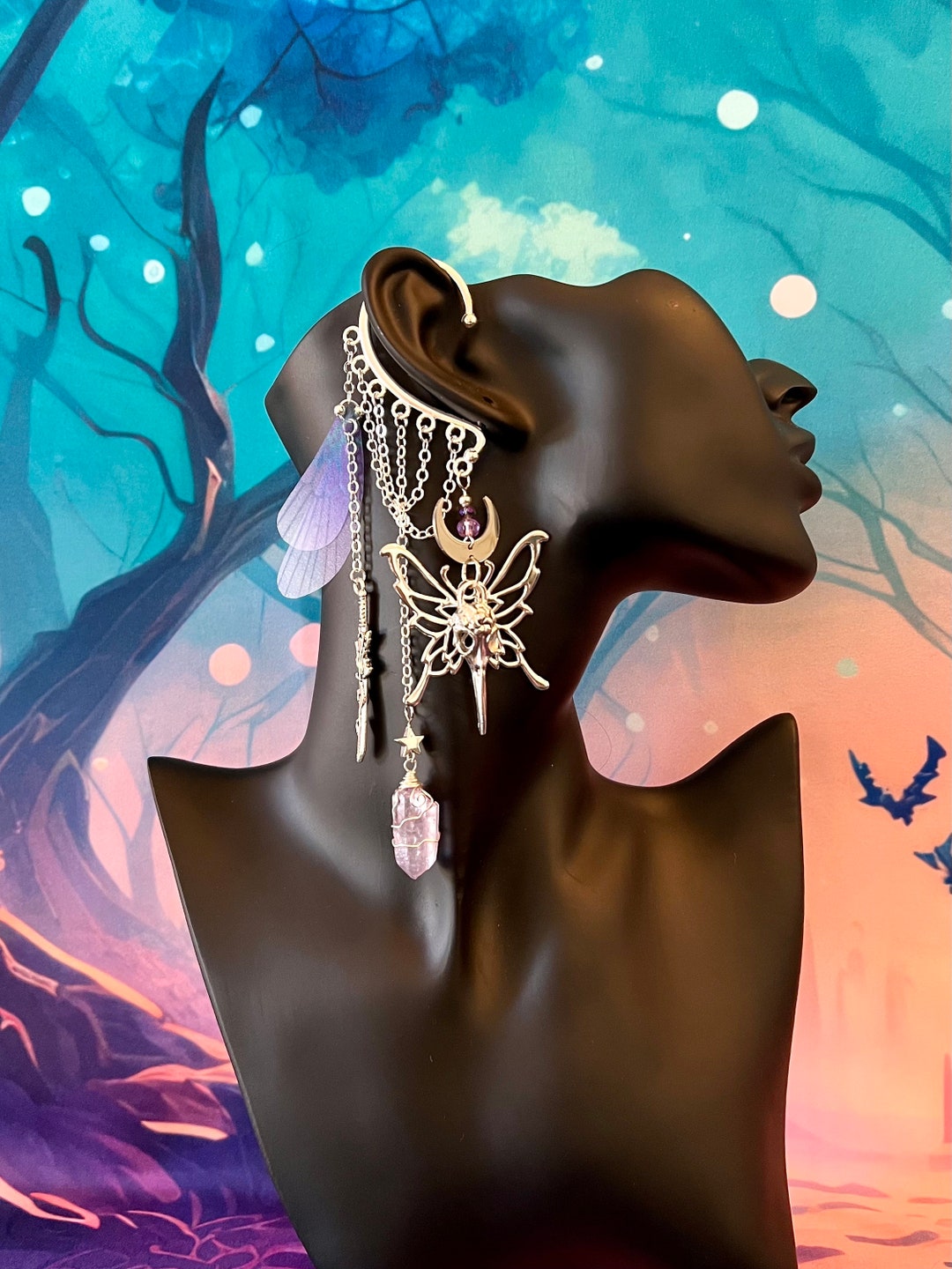 Warrior Fae Ear Cuff: Purple Quartz Crystal, Butterfly Wing Ear Wrap ...