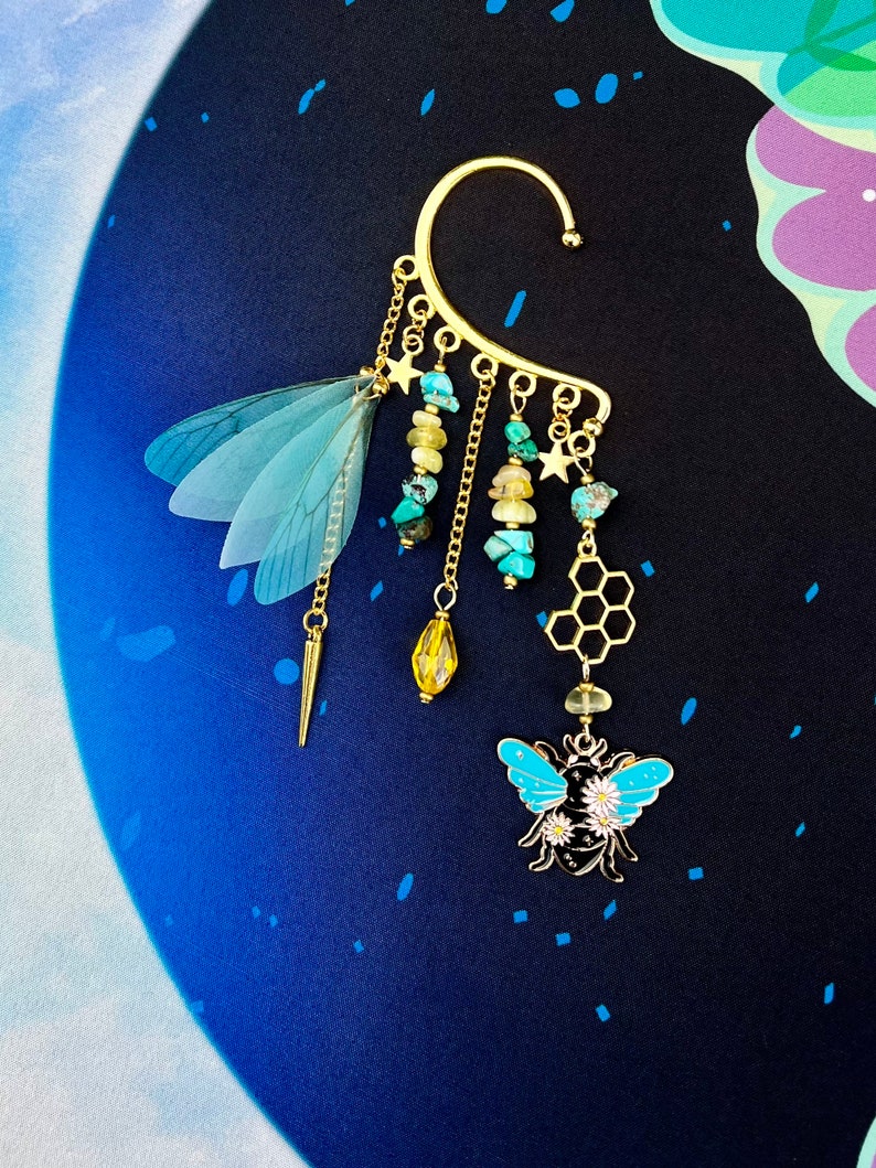 Turquoise Honey Bee Ear Cuff: Fairycore Wing Ear Wrap, No Piercing ...